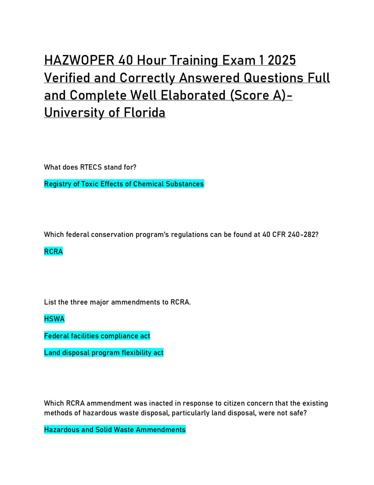 HAZWOPER 40 Hour Training Exam 1 2025 Verified and Correctly Answered ...