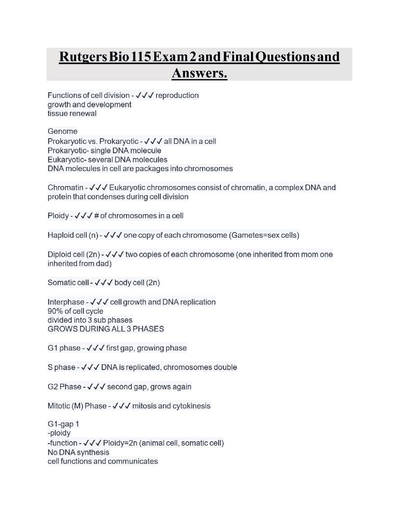 Rutgers Bio 115 Exam 2 and Final Questions and Answers. | Exams Biogenetics and Computers | Docsity