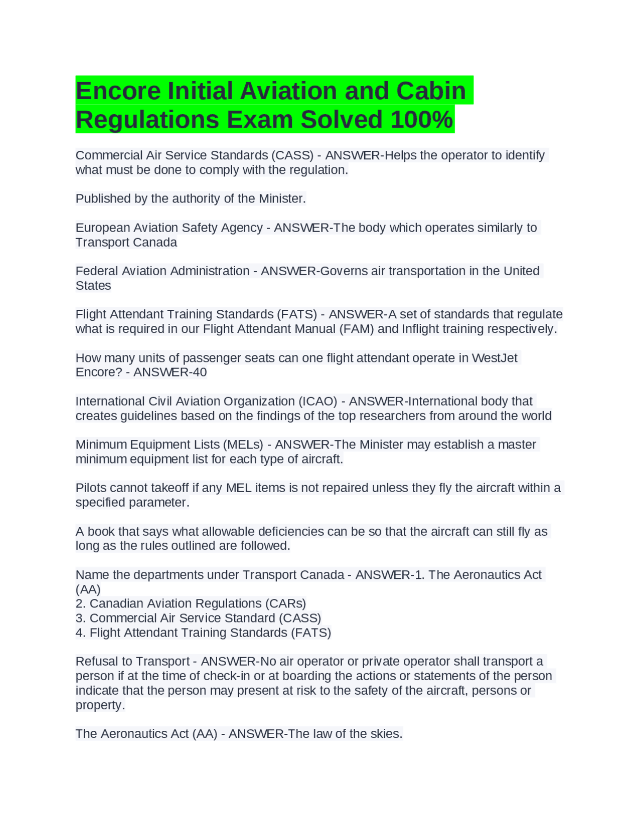 Encore Initial Aviation and Cabin Regulations Exam | Exams Advanced ...