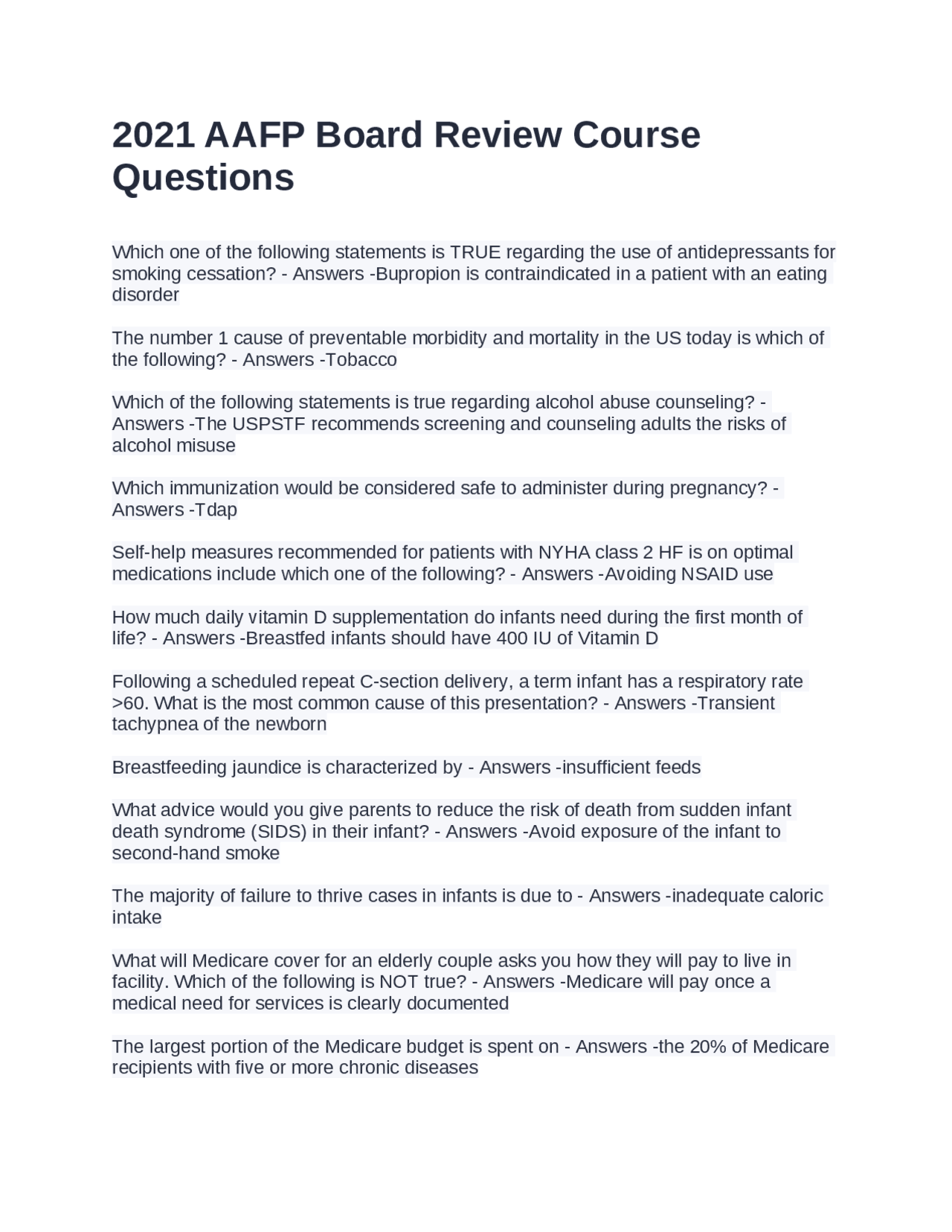 AAFP Board Review Course Questions And Correct Answers | Exams Nursing | Docsity