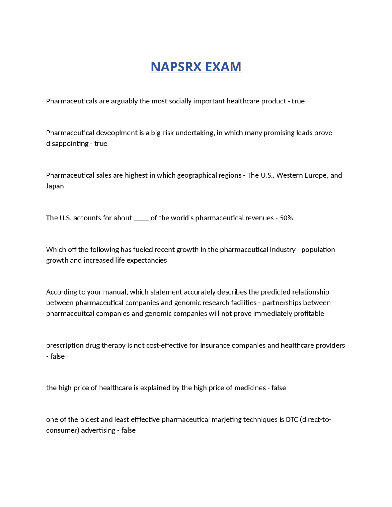 NAPSRX EXAMQUESTIONS AND ANSWERS | Exams Advanced Education | Docsity