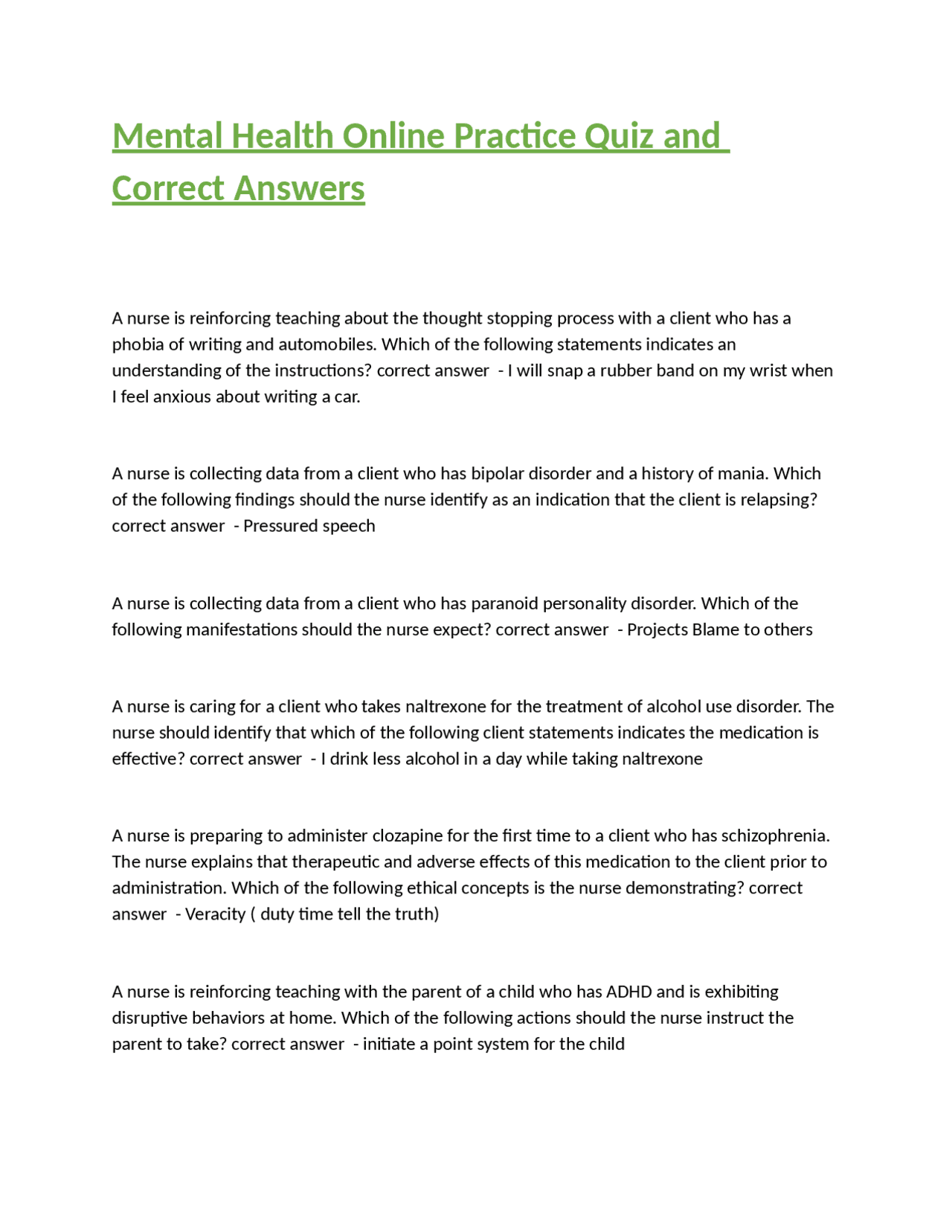 Mental Health Online Practice Quiz and Correct Answers | Exams Nursing ...
