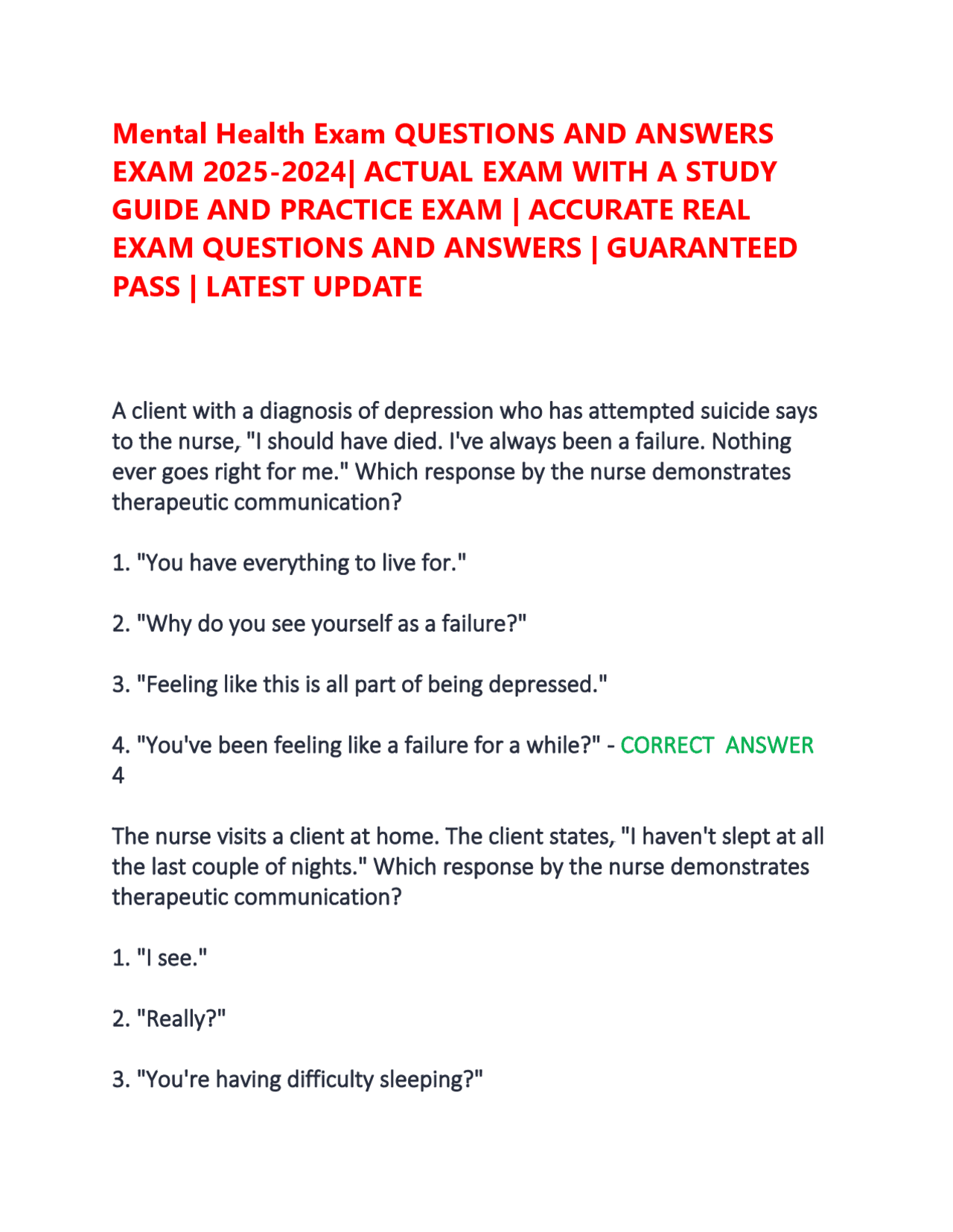 Mental Health Exam QUESTIONS AND ANSWERS EXAM 2024-2025| ACTUAL EXAM ...