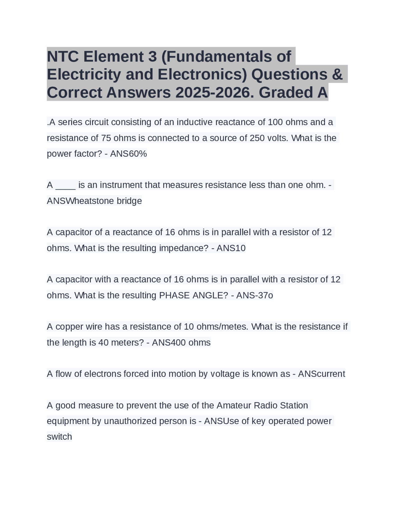 NTC Element 3 (Fundamentals of Electricity and Electronics) Questions ...