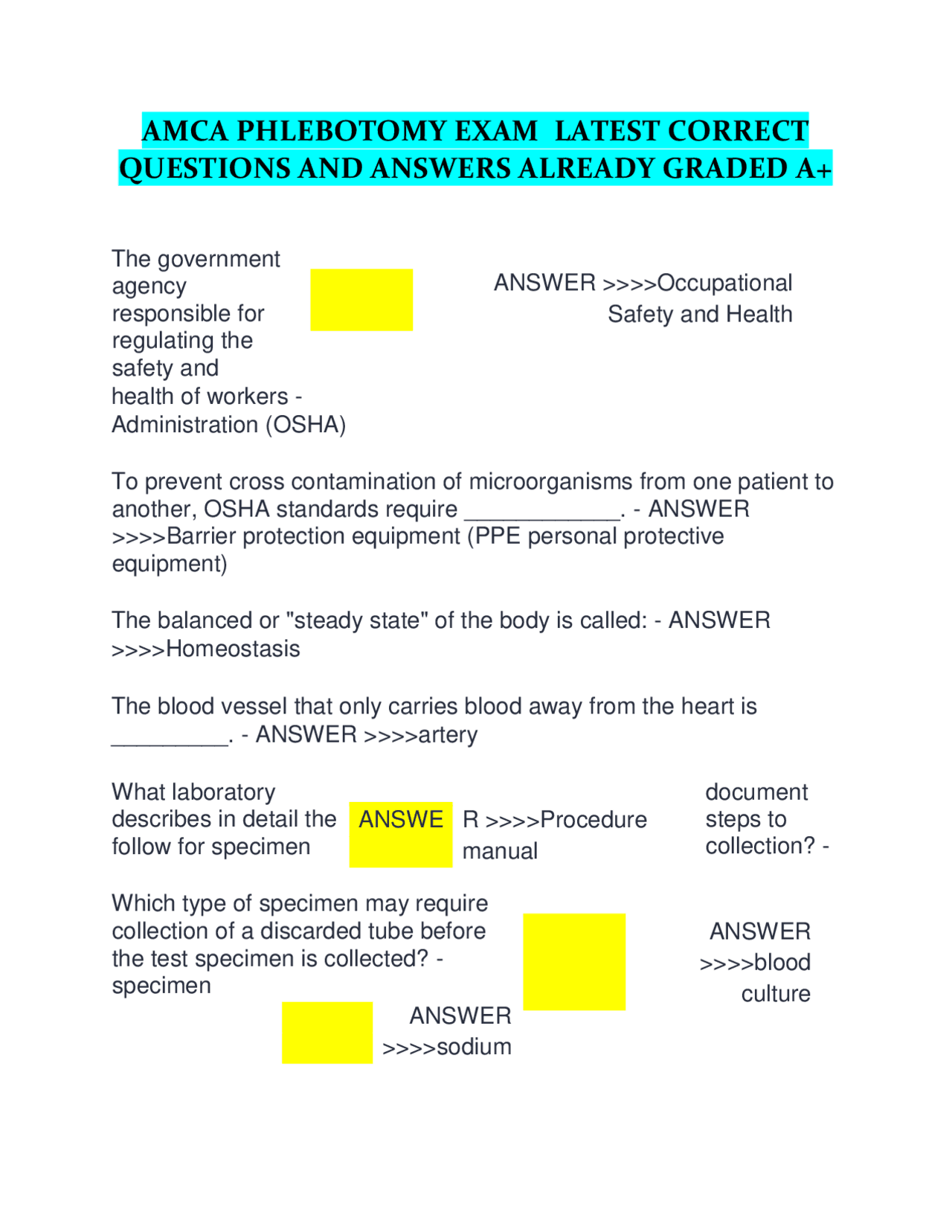 AMCA PHLEBOTOMY EXAM LATEST CORRECT QUESTIONS AND ANSWERS ALREADY ...