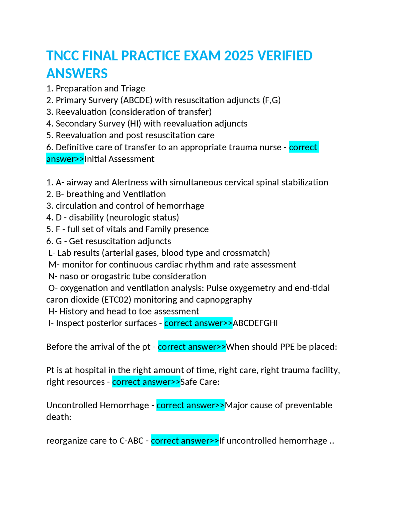 TNCC FINAL PRACTICE EXAM 2025 VERIFIED ANSWERS | Exams Nursing | Docsity