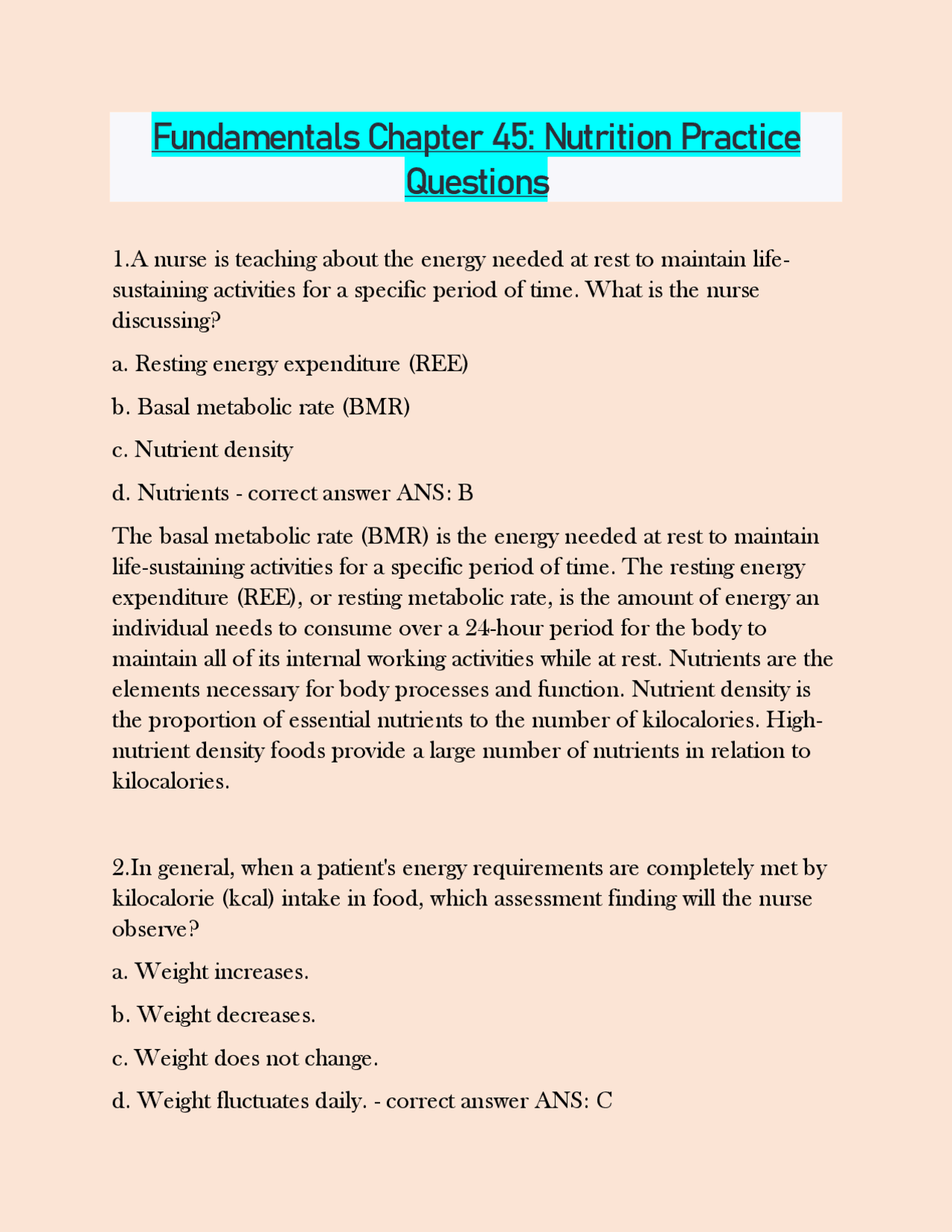 Fundamentals Chapter 45 Nutrition Practice Questions Verified answers ...
