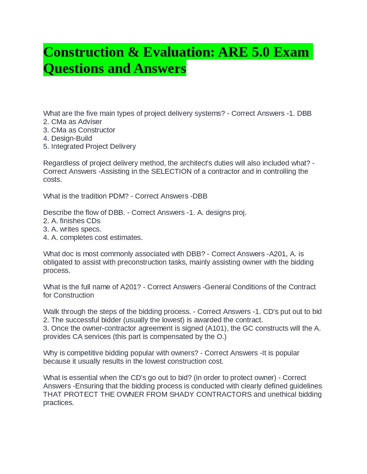 Construction & Evaluation ARE 5.0 Exam Questions and Answers || Latest ...