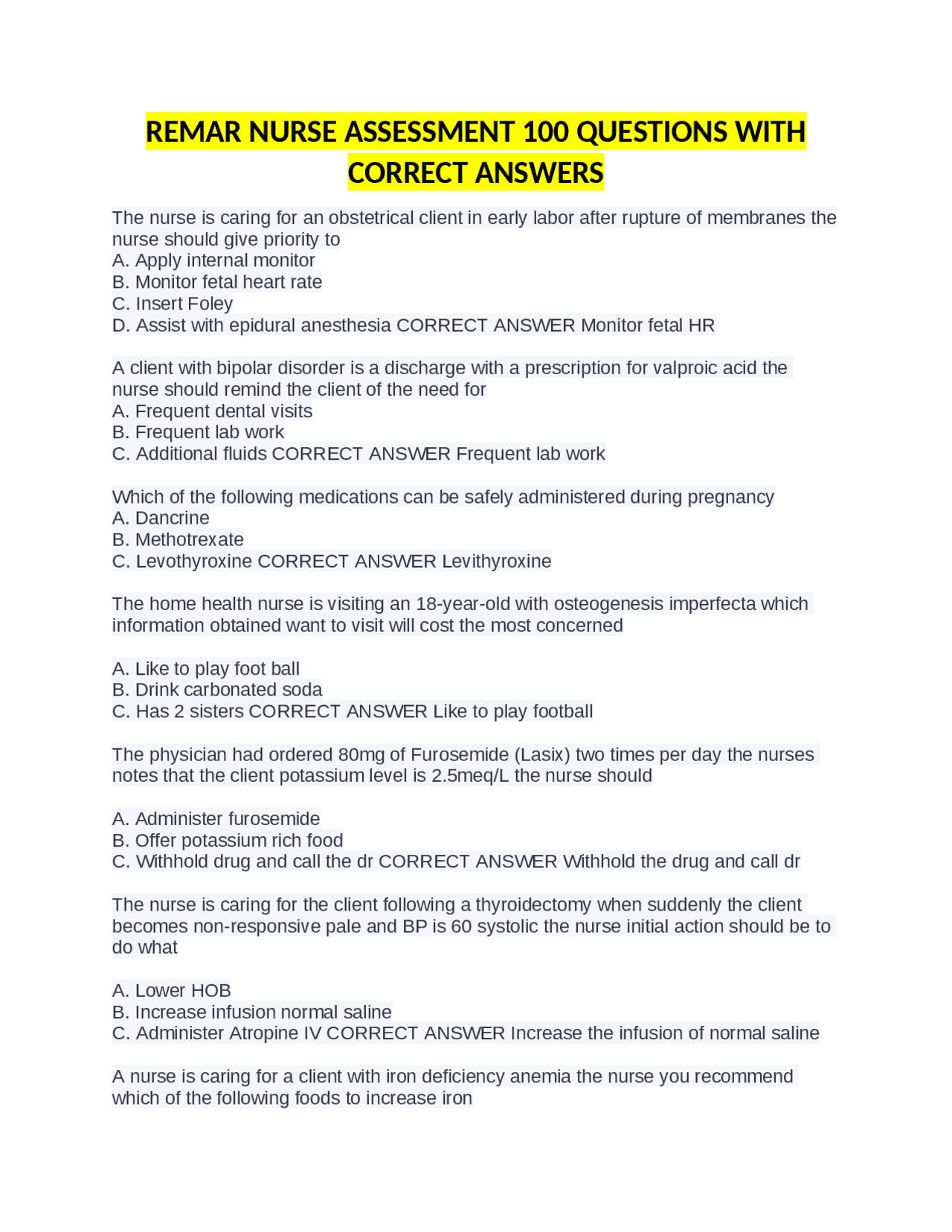 REMAR NURSE ASSESSMENT 100 QUESTIONS WITH CORRECT ANSWERS | Exams ...