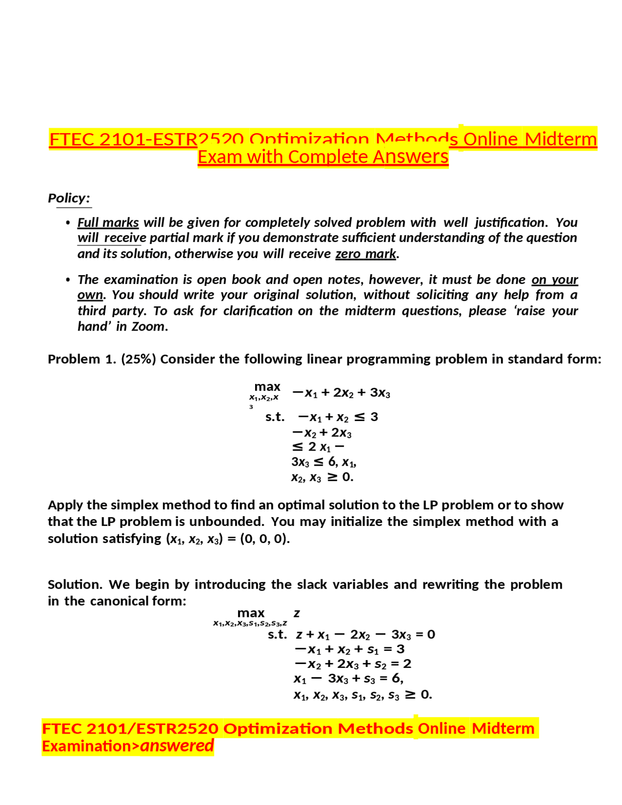 FTEC 2101-ESTR2520 Optimization Methods Online Midterm Exam with Complete Answers | Exams ...