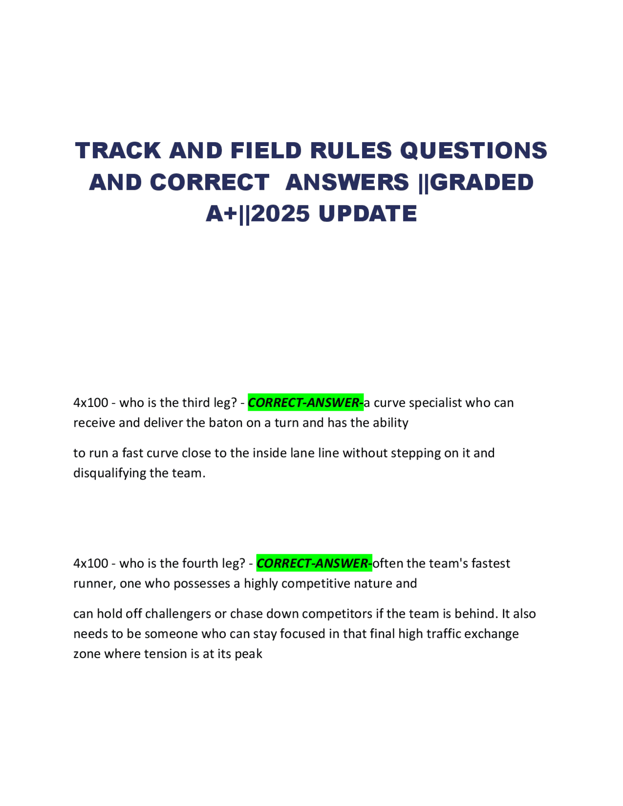 TRACK AND FIELD RULES QUESTIONS AND CORRECT ANSWERS ||GRADED A+||2025 ...