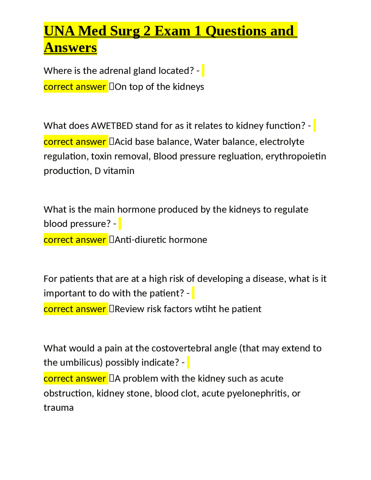 UNA Med Surg 2 Exam 1 Questions and Answers | Exams Nursing | Docsity