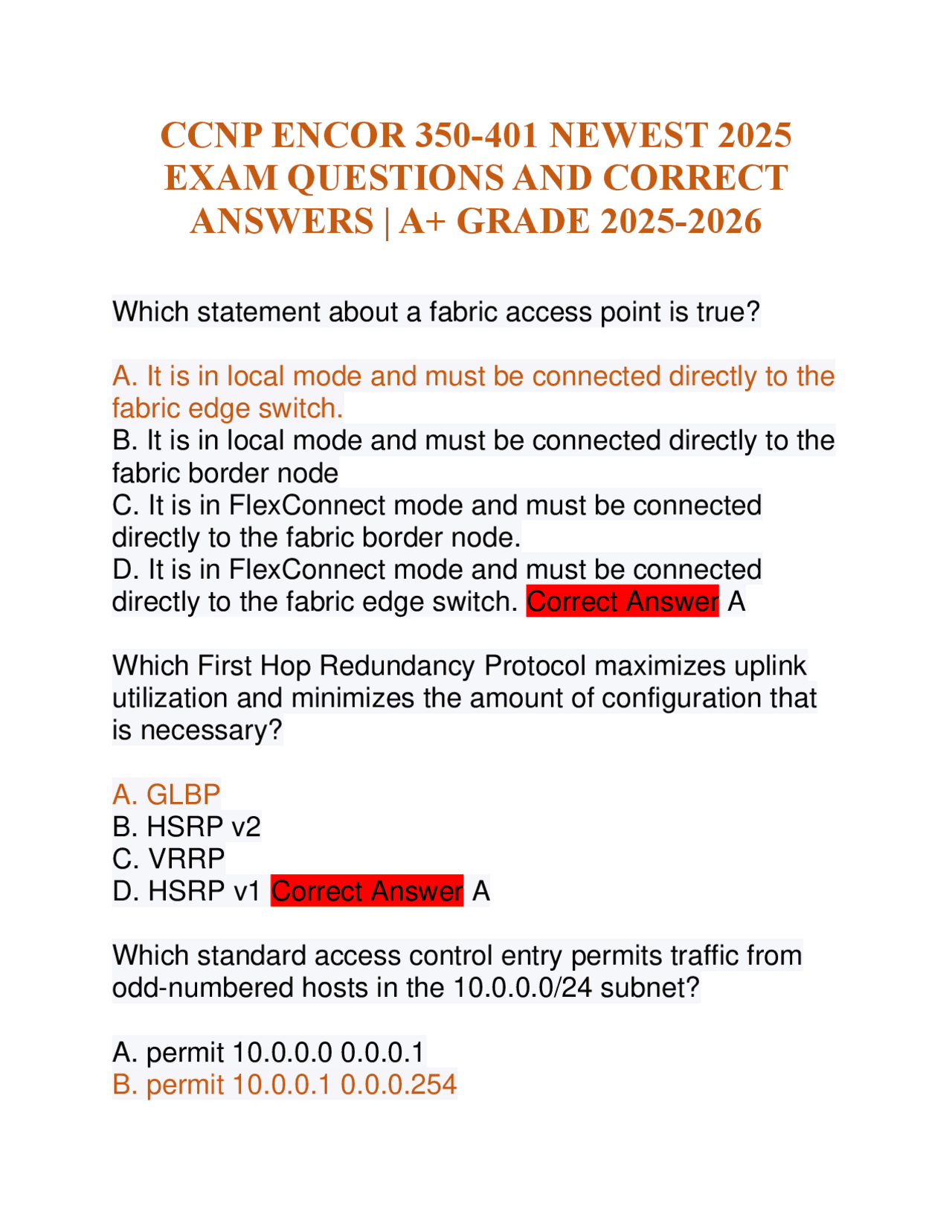 CCNP ENCOR 350-401 NEWEST 2025 EXAM QUESTIONS AND CORRECT ANSWERS | A+ GRADE 2025-2026 | Exams ...