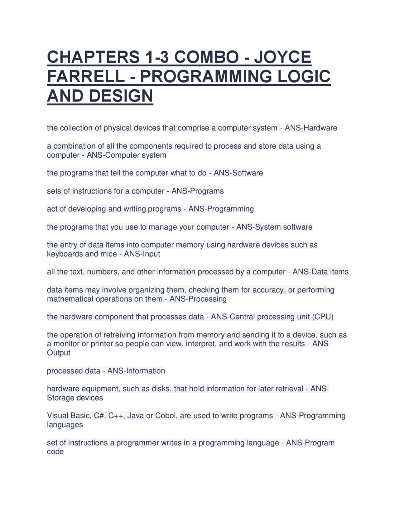 CHAPTERS 1-3 COMBO - JOYCE FARRELL - PROGRAMMING LOGIC AND DESIGN | Exams Digital Logic Design ...