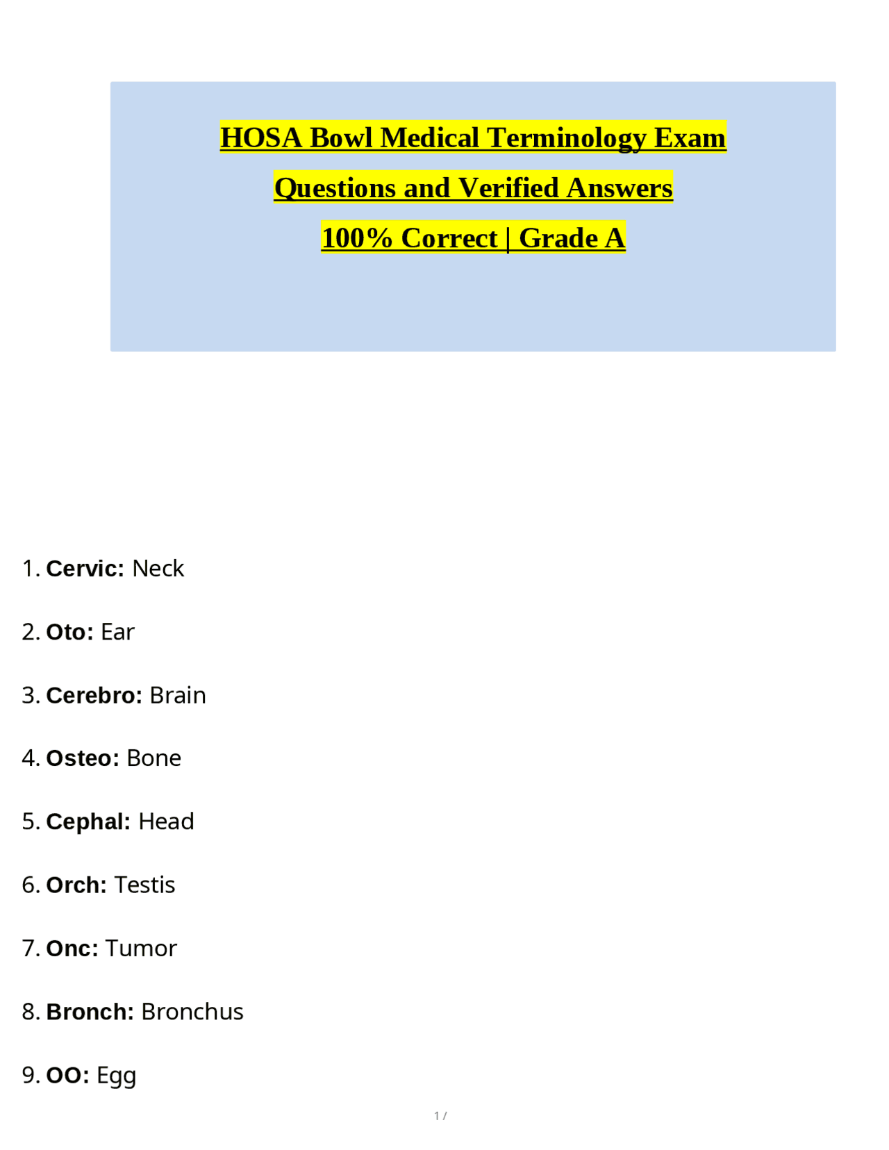 HOSA Bowl Medical Terminology Exam (2025 / 2026 Update) Questions and ...
