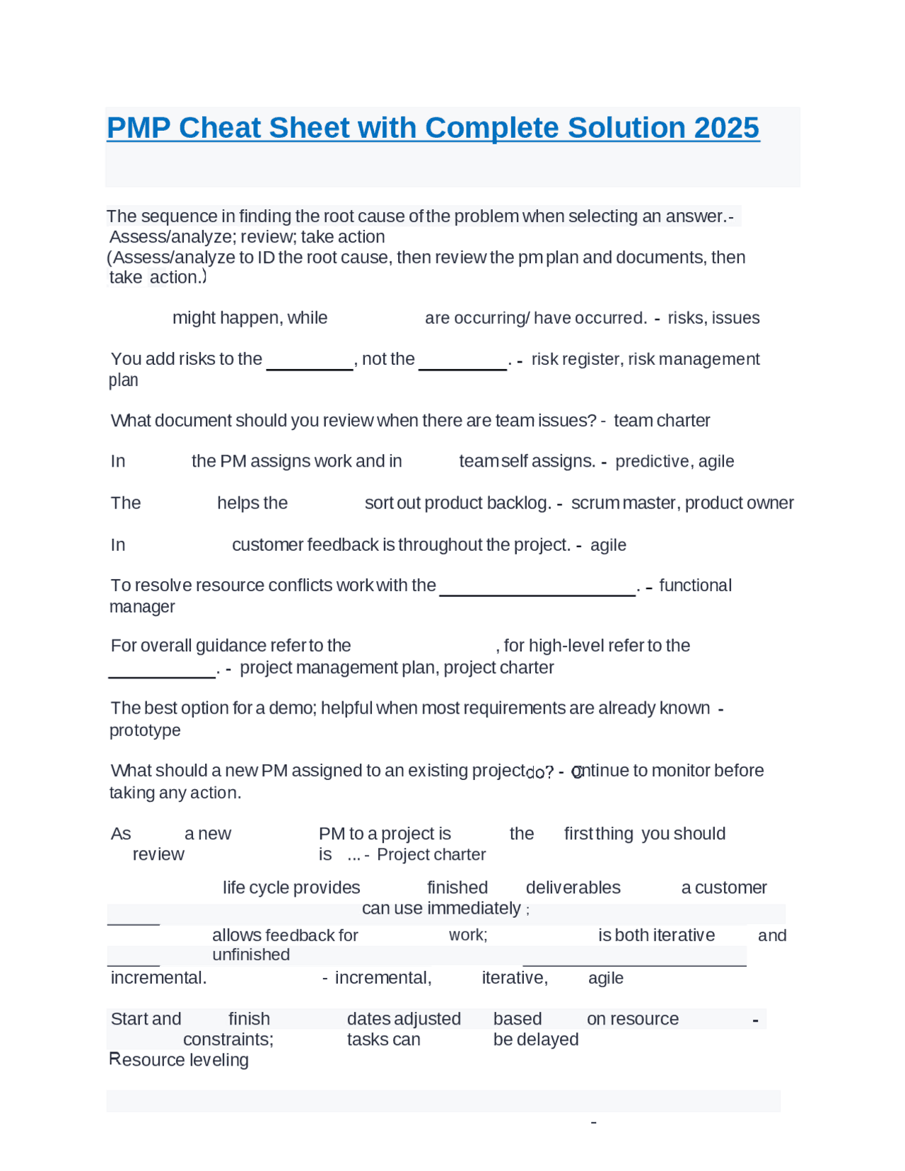 PMP Cheat Sheet with Complete Solution 2025 | Exams Nursing | Docsity