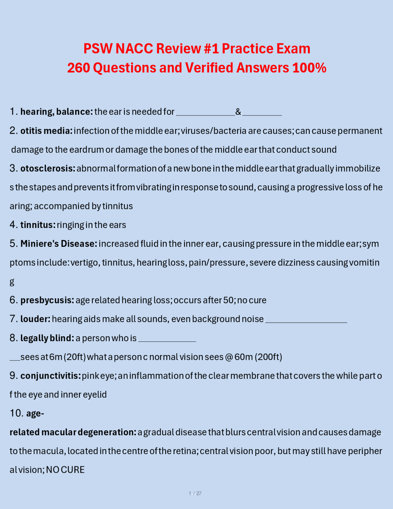 PSW NACC Review#1 Practice Exam 260 Questions and Verified Answers 100% ...