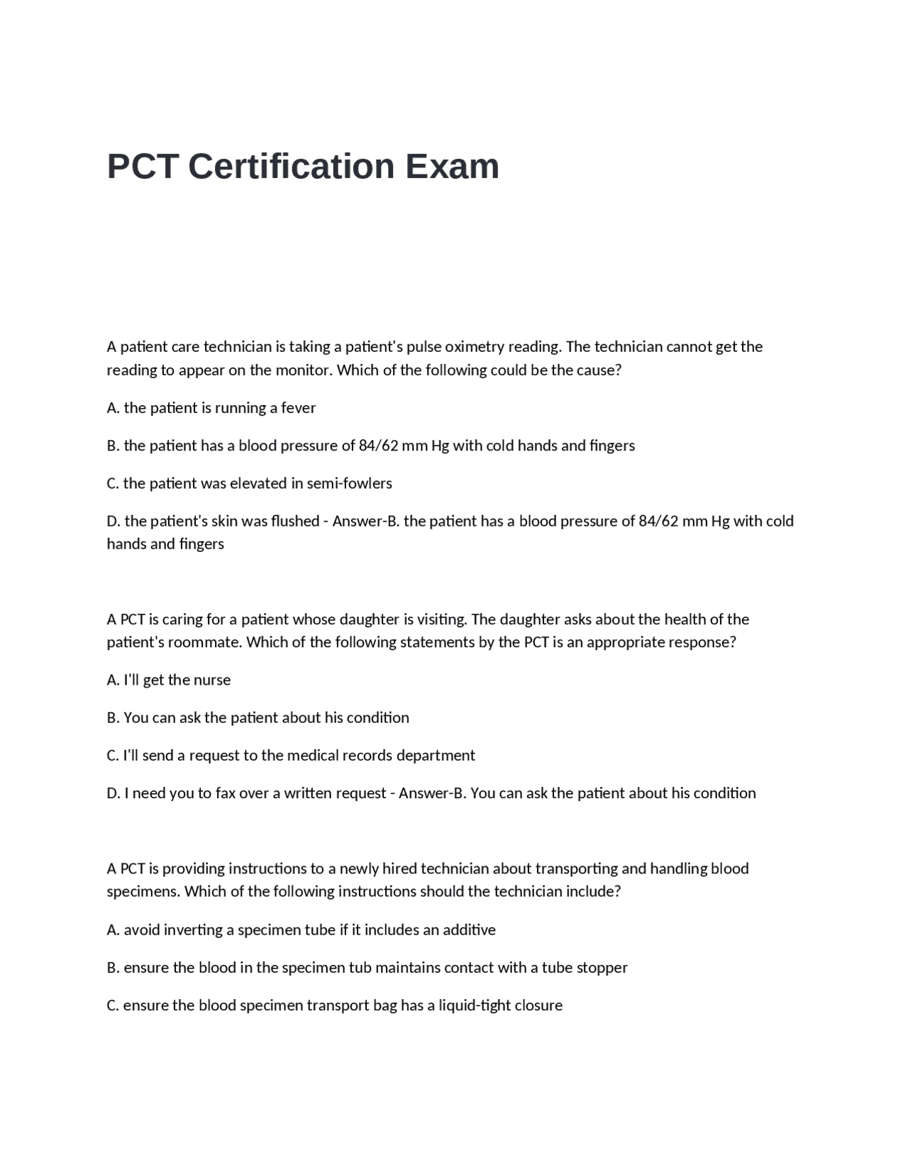PCT Certification Exam: Practice Questions and Answers | Exams Nursing ...