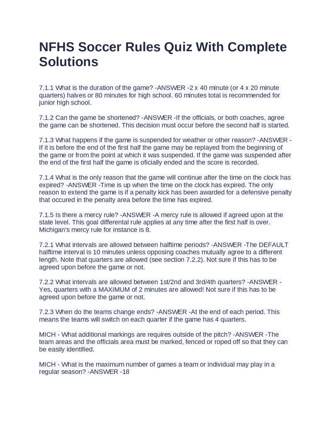 NFHS Soccer Rules Quiz With Complete Solutions | Exams Nursing | Docsity