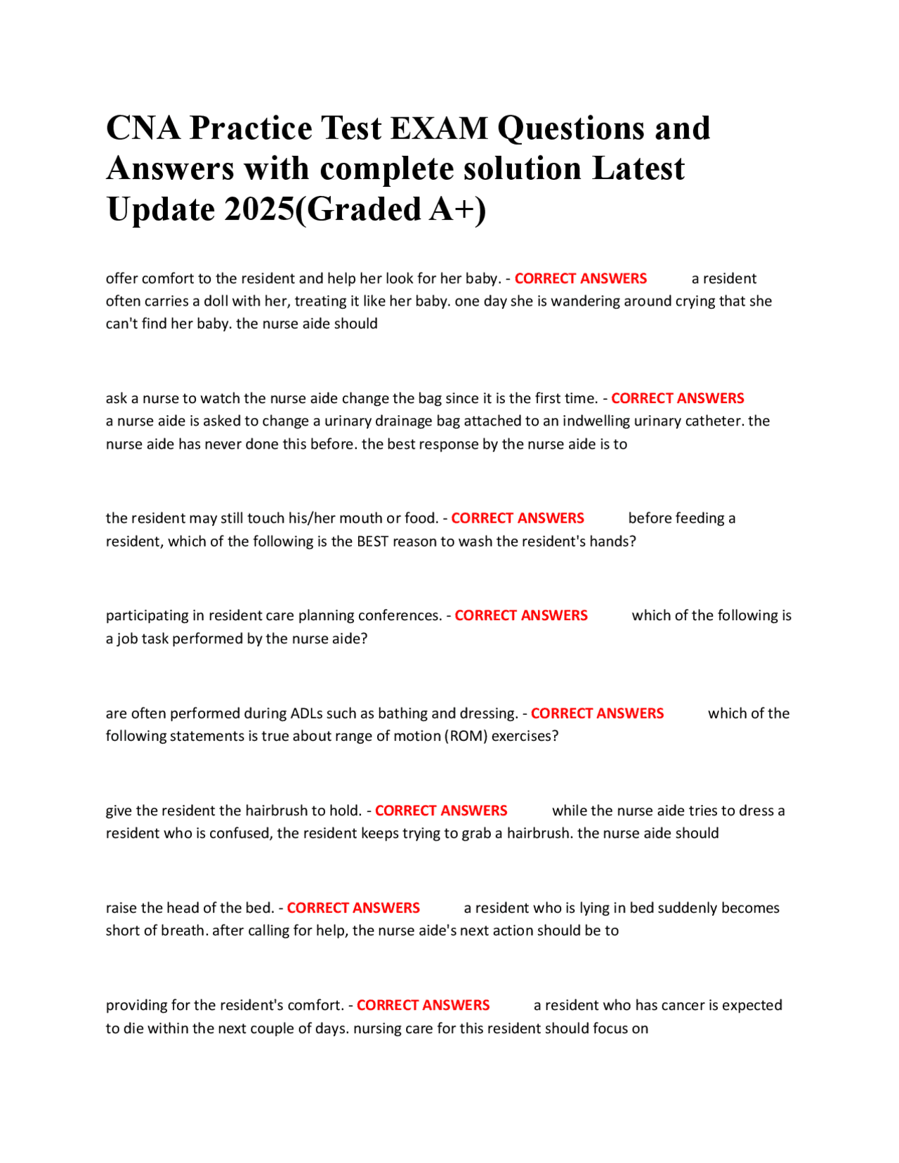 CNA Practice Test EXAM Questions and Answers with complete solution ...