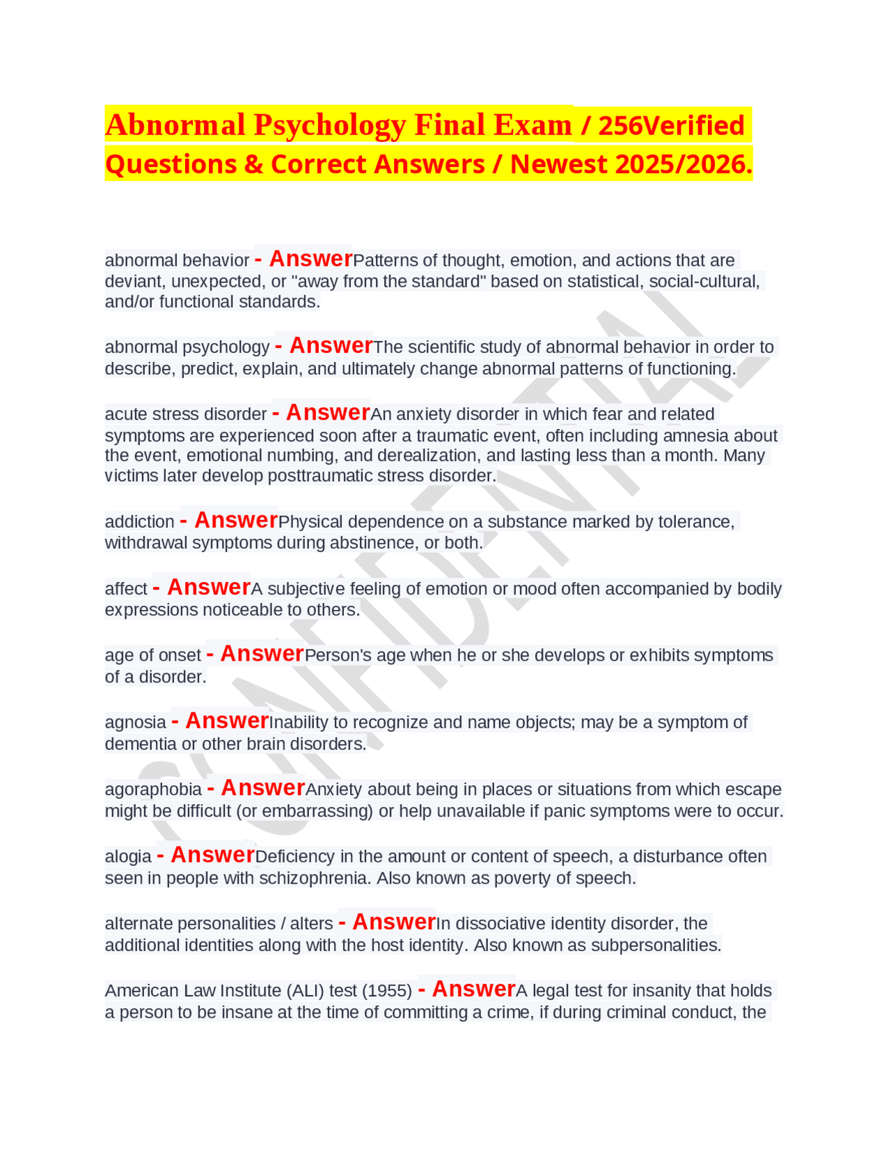 Abnormal Psychology Final Exam / 256Verified Questions & Correct ...