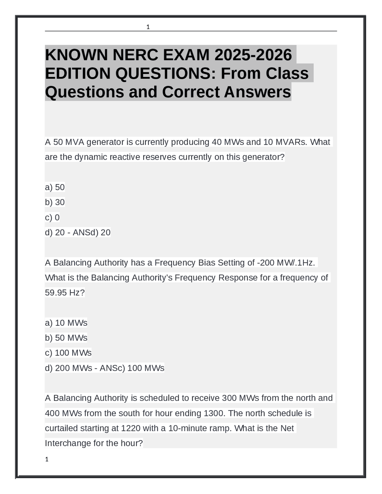 NERC Exam Questions and Answers: Power System Operations and Control ...