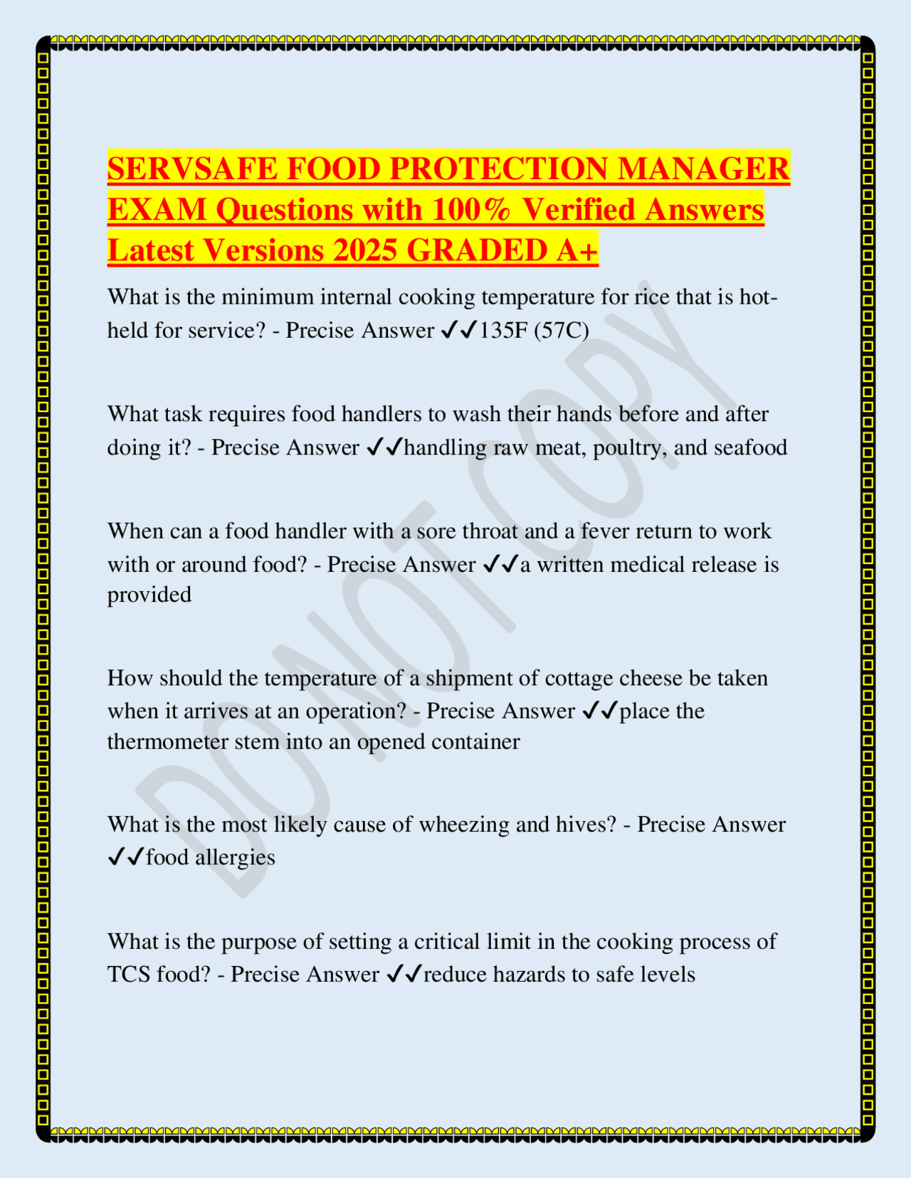 SERVSAFE FOOD PROTECTION MANAGER EXAM Questions with 100% Verified ...