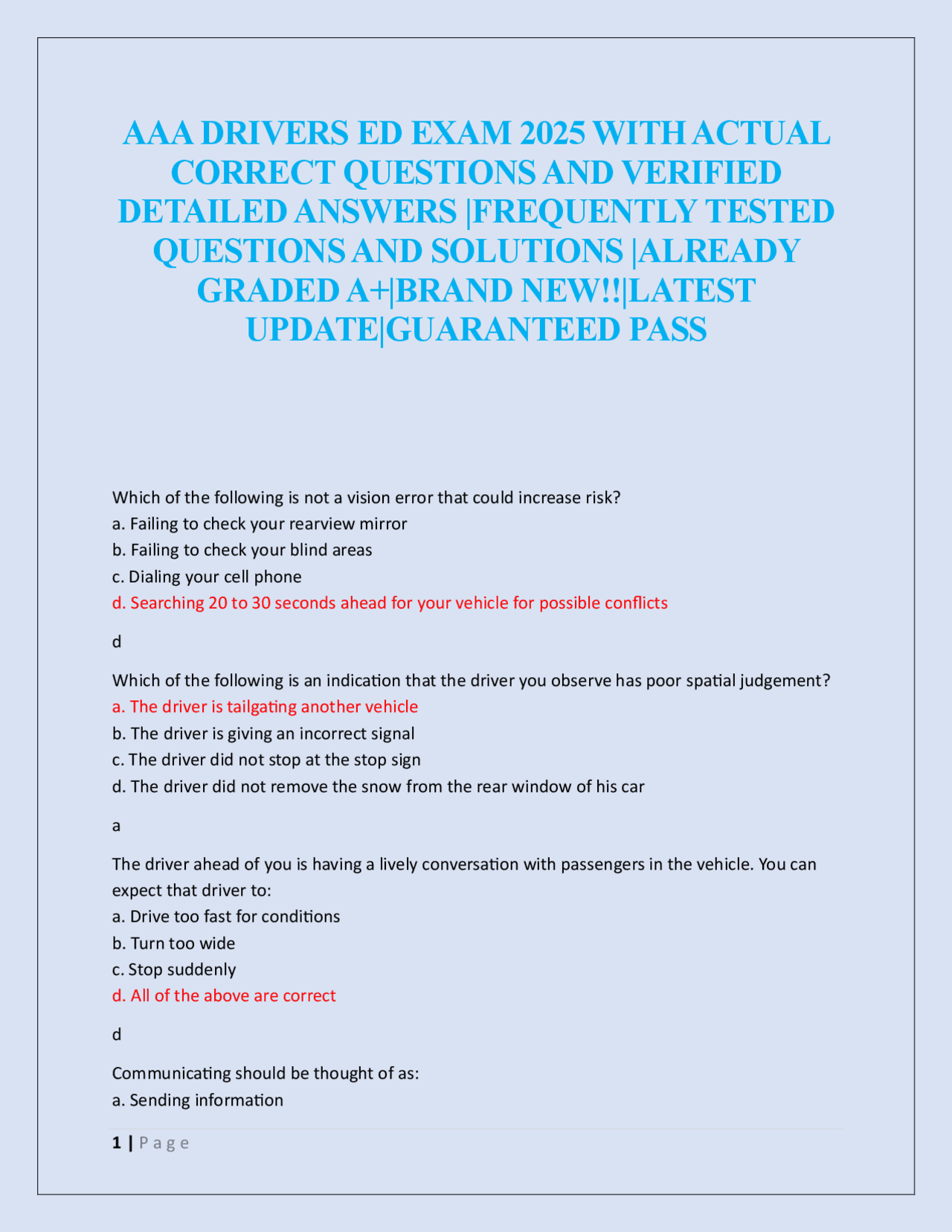 AAA Drivers Ed Exam 2025: Practice Questions and Answers | Exams ...