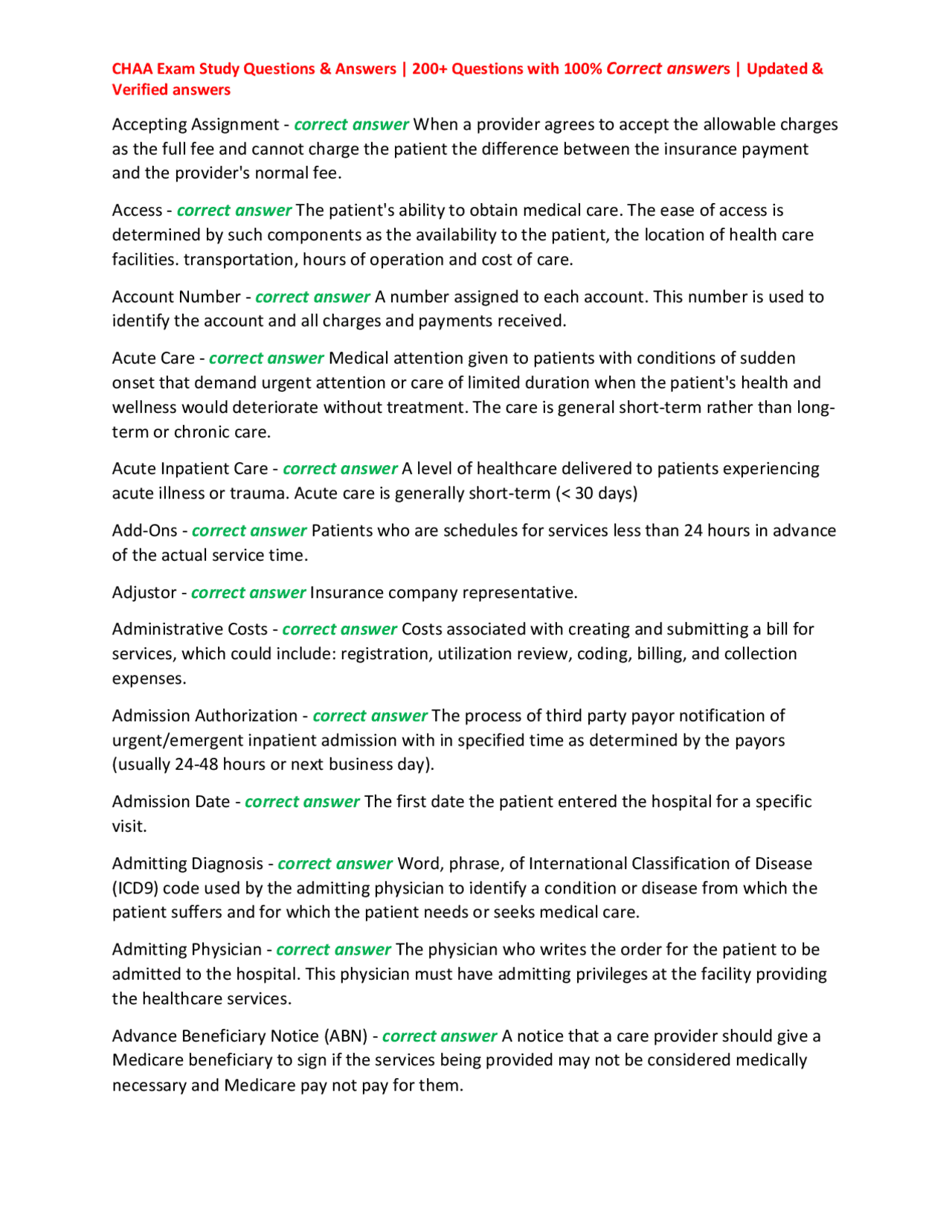 CHAA Exam Study Questions & Answers | 200+ Questions with 100% Correct ...