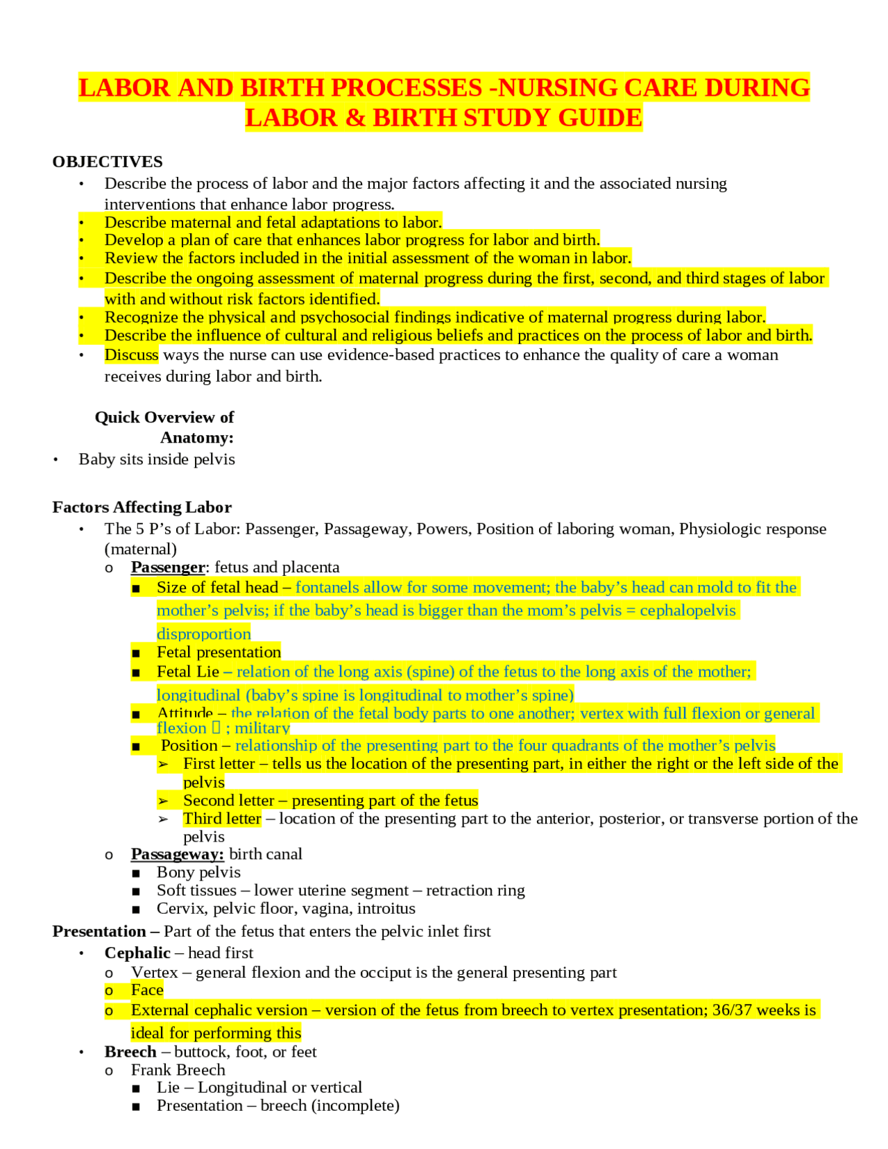 Labor and Birth Processes: Nursing Care During Labor & Birth Study ...