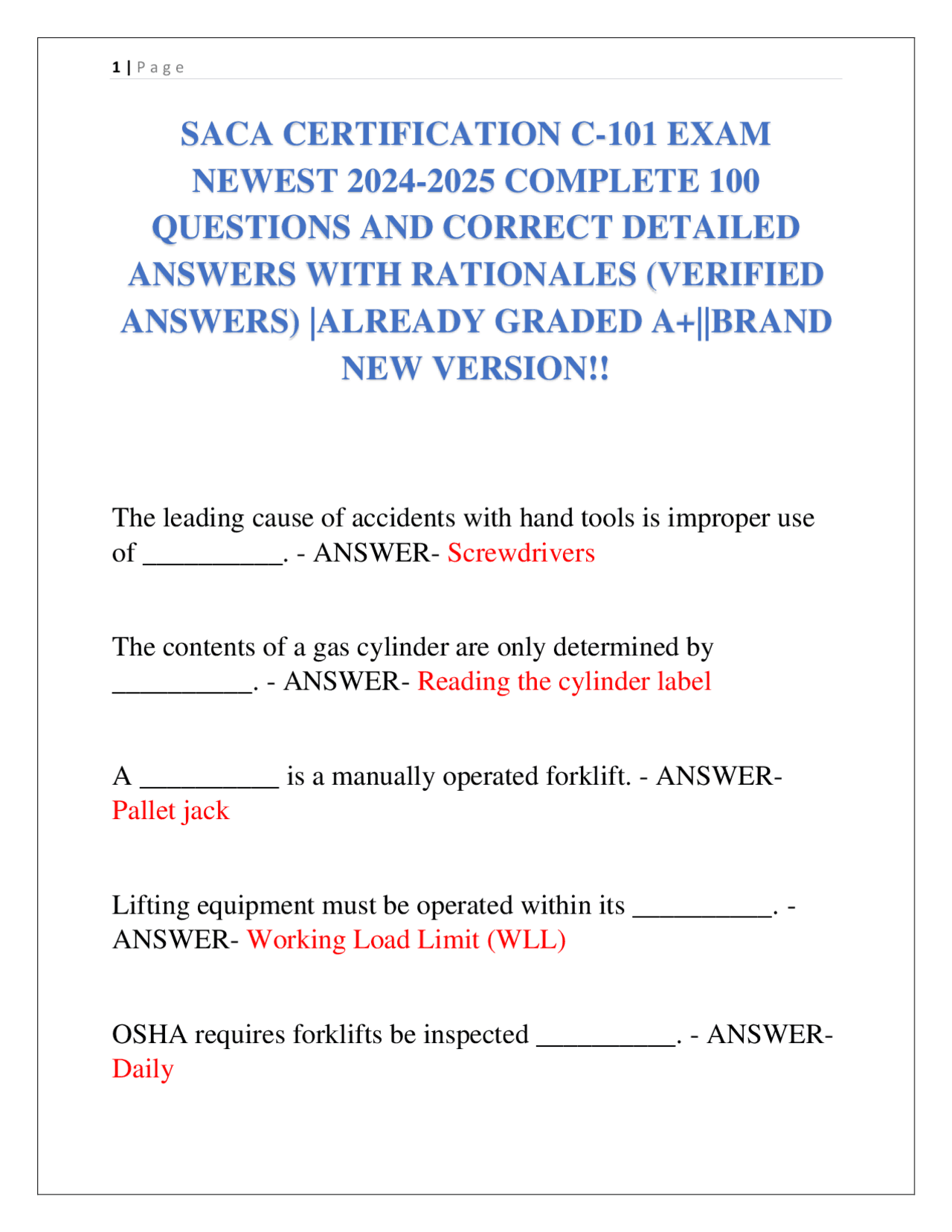 SACA CERTIFICATION C-101 EXAM NEWEST 2024-2025 COMPLETE 100 QUESTIONS ...