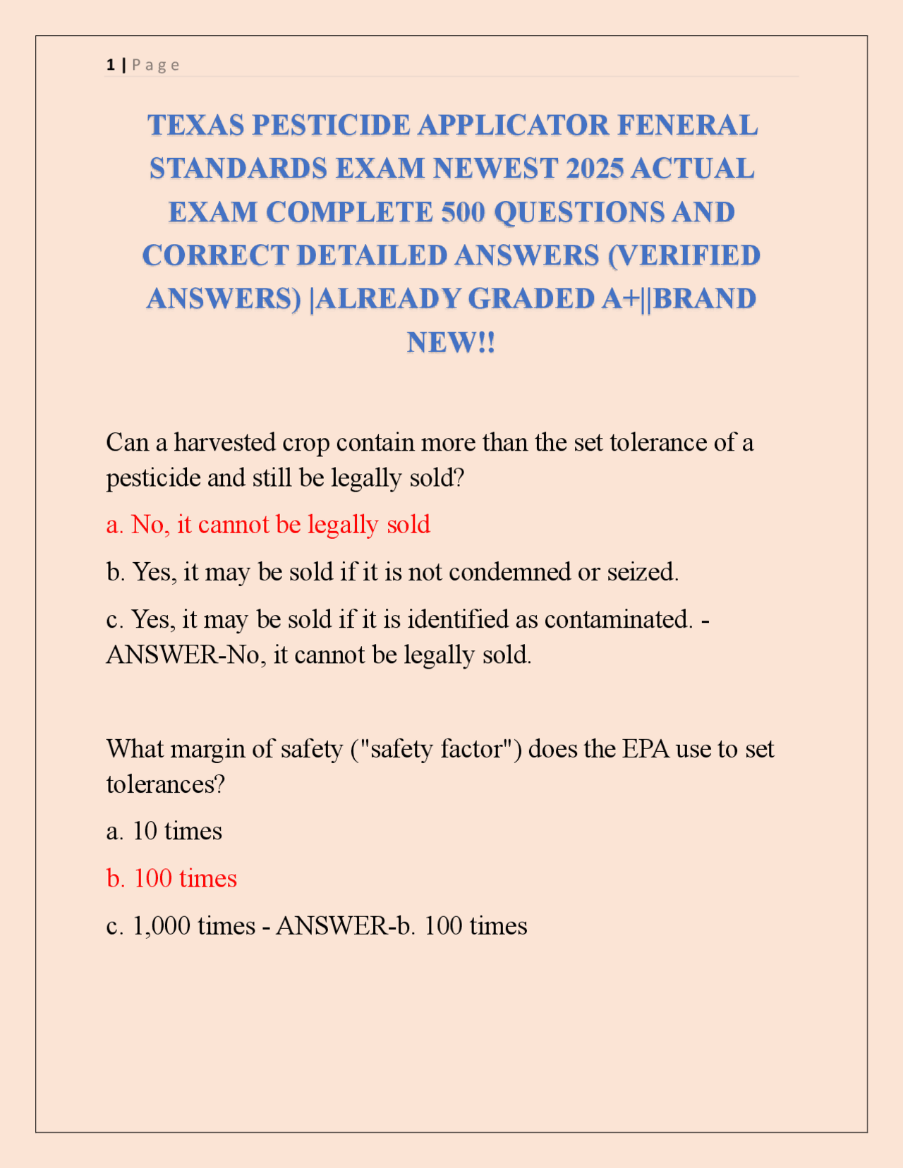 TEXAS PESTICIDE APPLICATOR FENERAL STANDARDS EXAM NEWEST 2025 ACTUAL ...