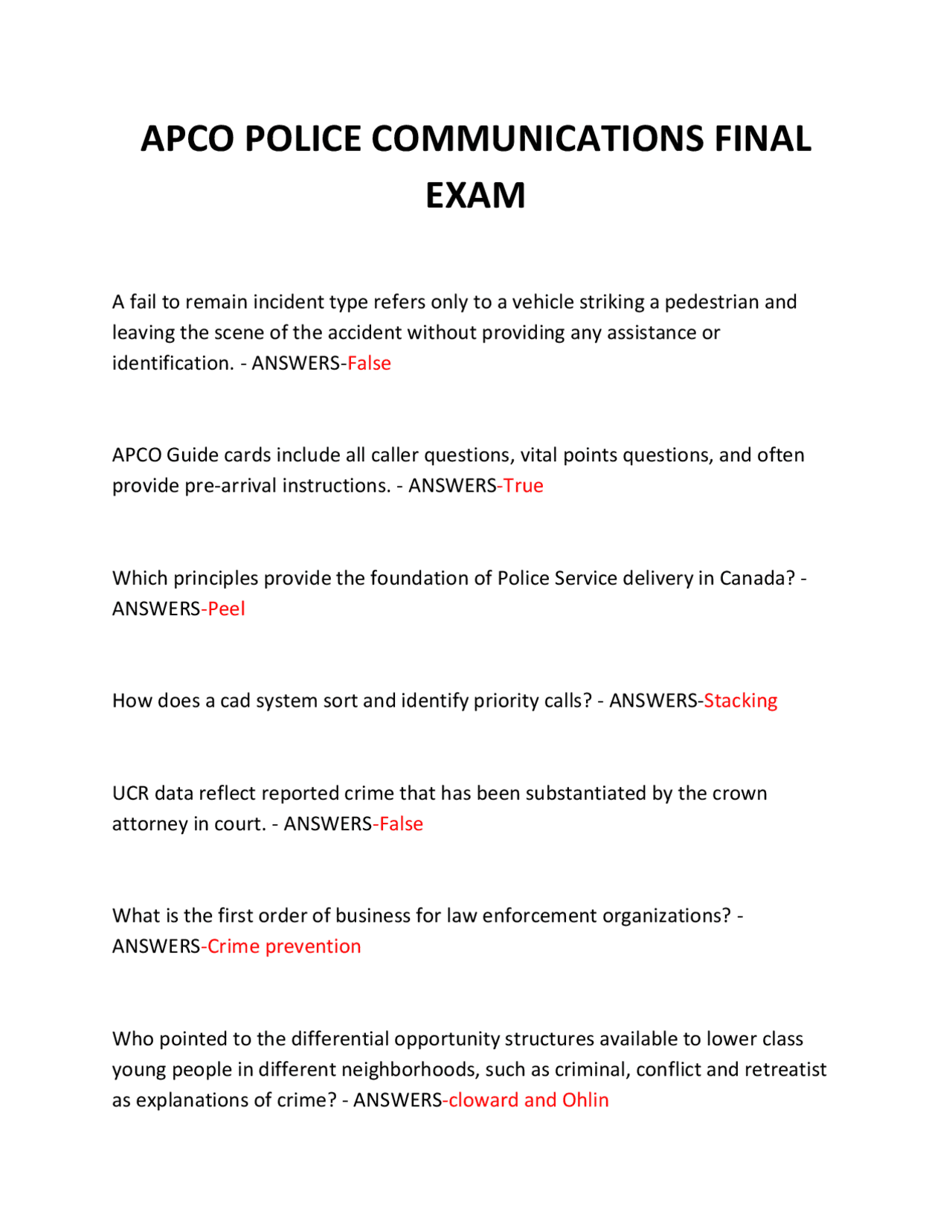APCO POLICE COMMUNICATIONS FINAL EXAM QUESTIONS AND ANSWERS 2025 ...