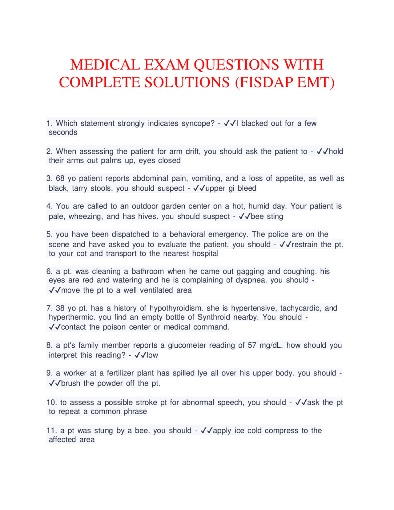 MEDICAL EXAM QUESTIONS WITH COMPLETE SOLUTIONS (FISDAP EMT) . | Exams Nursing | Docsity