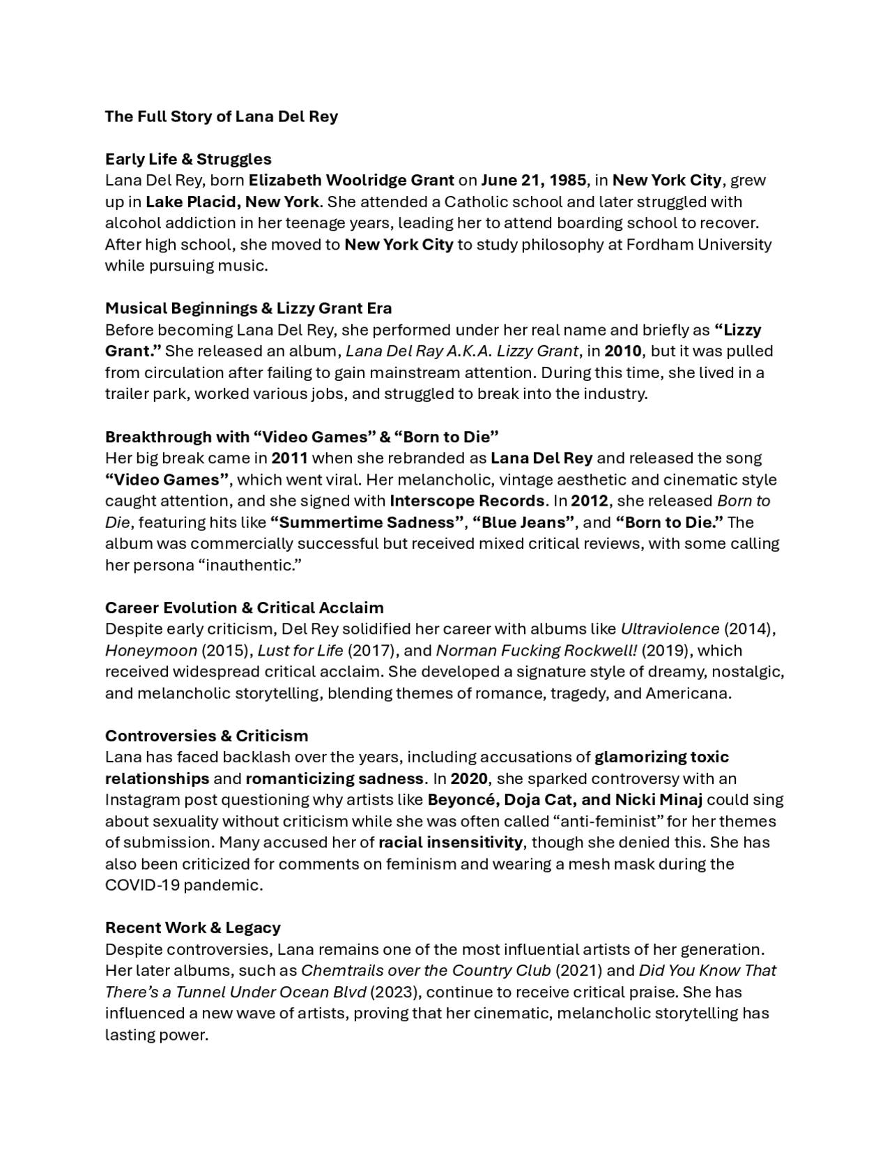 Full Story Of Lana Del Rey | Study notes Law | Docsity