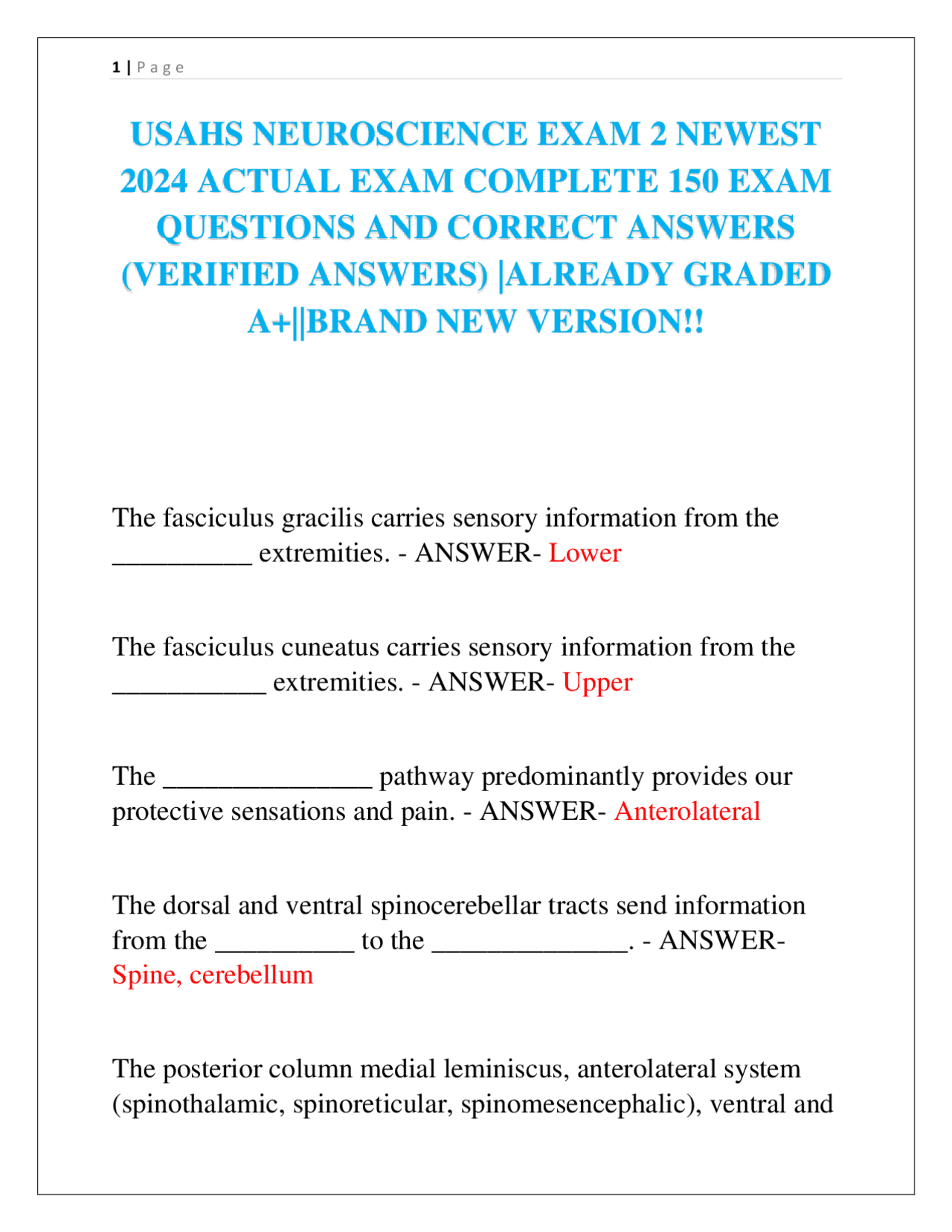 Neuroscience Exam 2: Questions and Answers for USAHS Students | Exams ...
