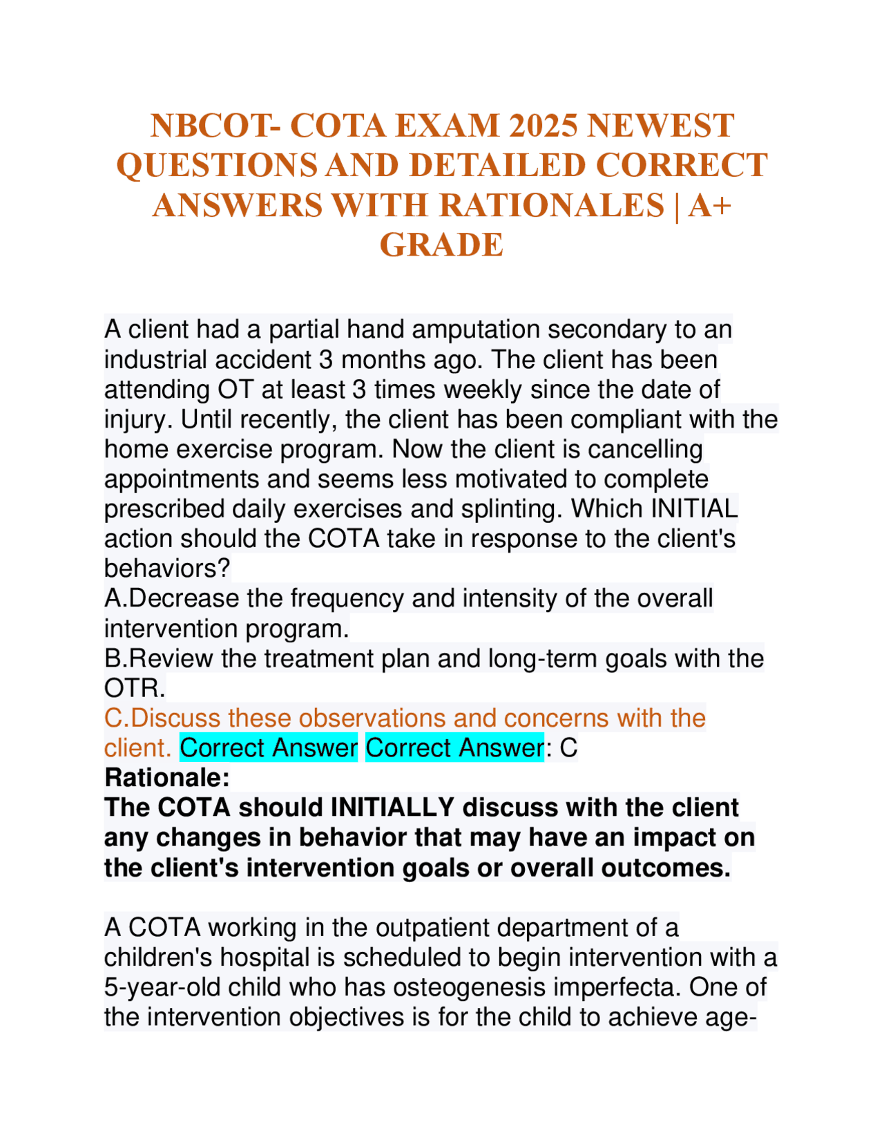 NBCOT-COTA Exam 2025: Practice Questions and Answers with Rationales ...