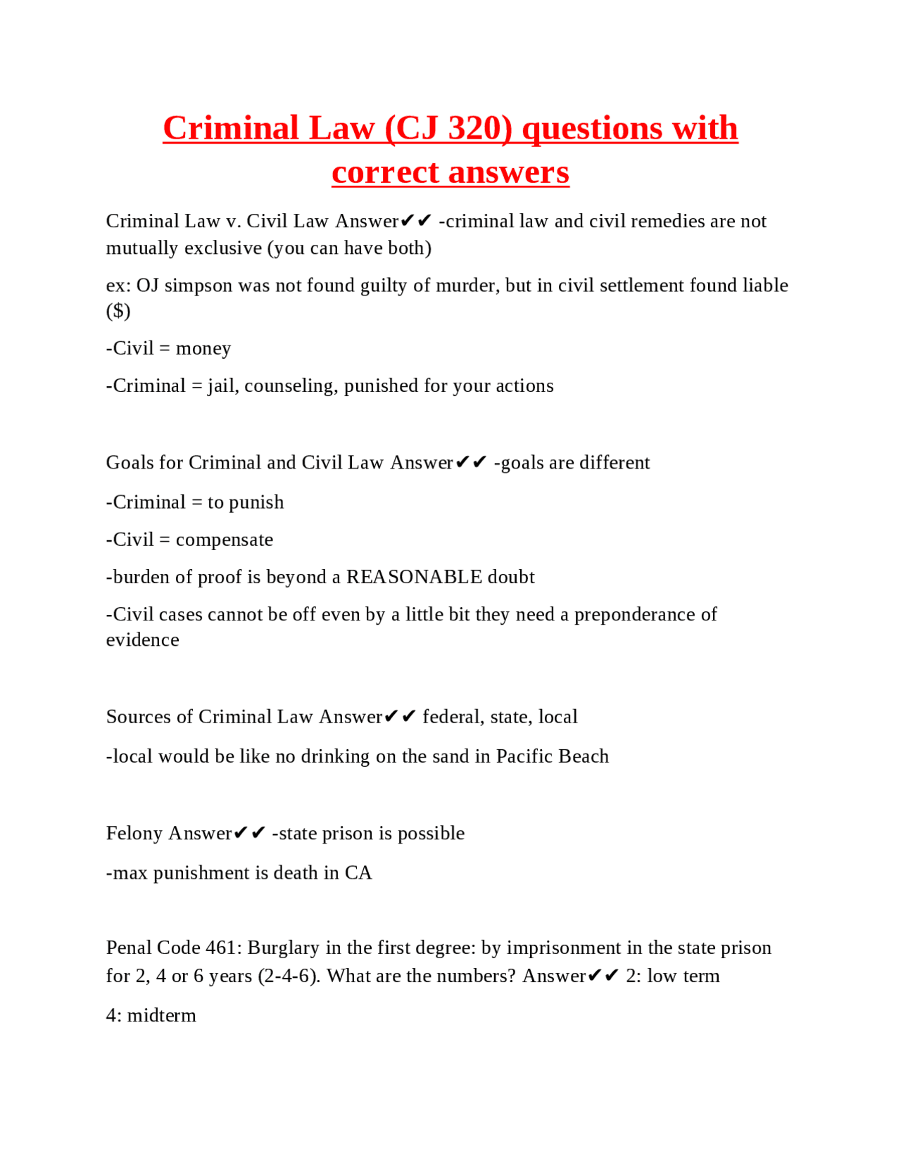 Criminal Law (CJ 320) questions with correct answers | Exams Law | Docsity