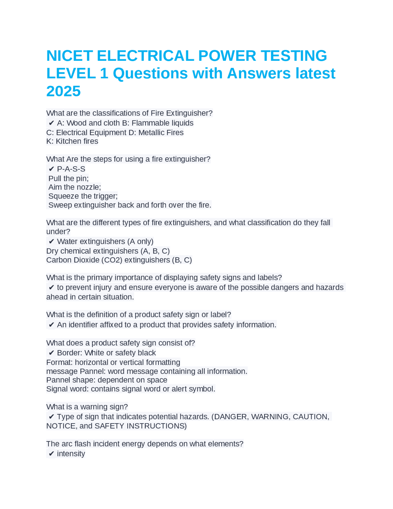 NICET ELECTRICAL POWER TESTING LEVEL 1 Questions with Answers latest ...