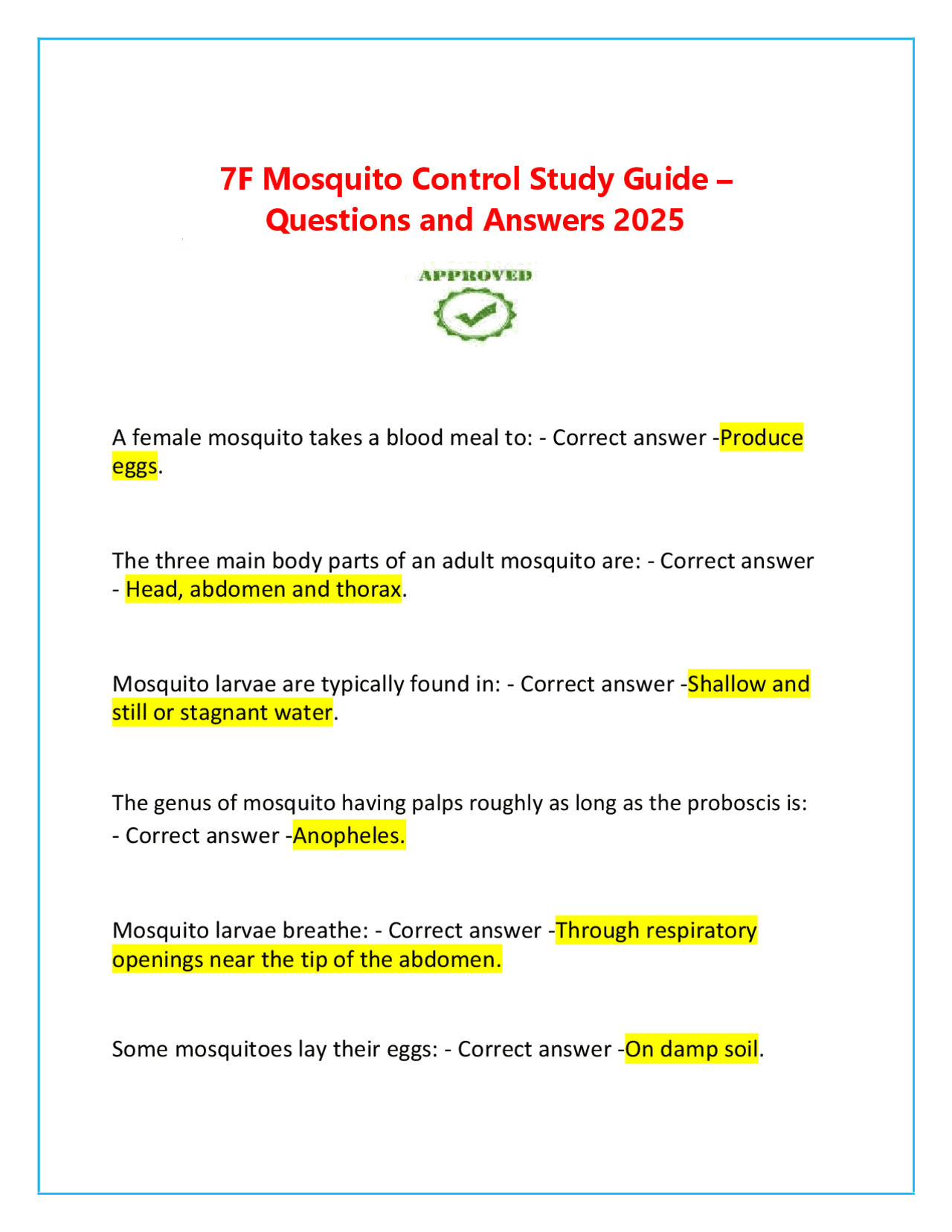 Mosquito Control Study Guide: Questions and Answers | Exams Nursing ...
