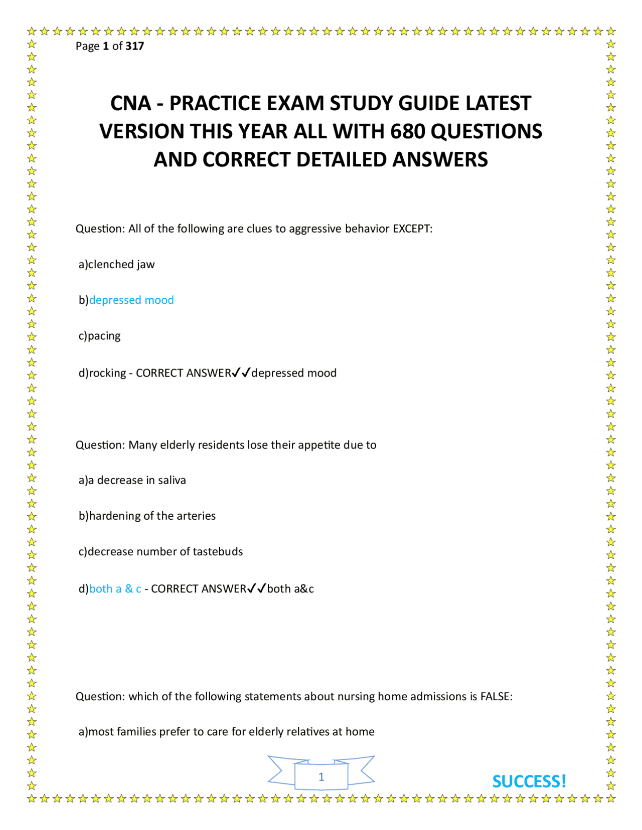 CNA - PRACTICE EXAM STUDY GUIDE LATEST VERSION THIS YEAR ALL WITH 680 ...