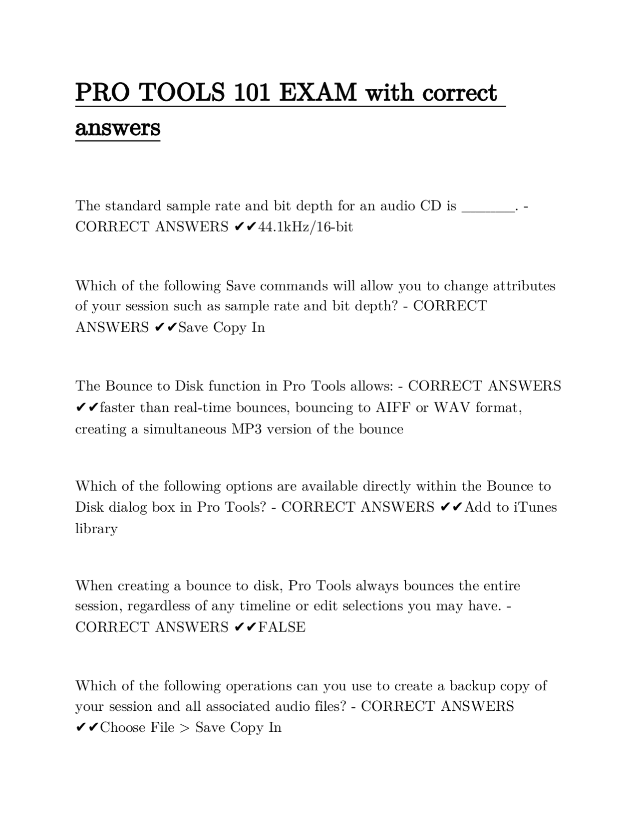 PRO TOOLS 101 EXAM with correct answers | Exams Principles of Machine ...
