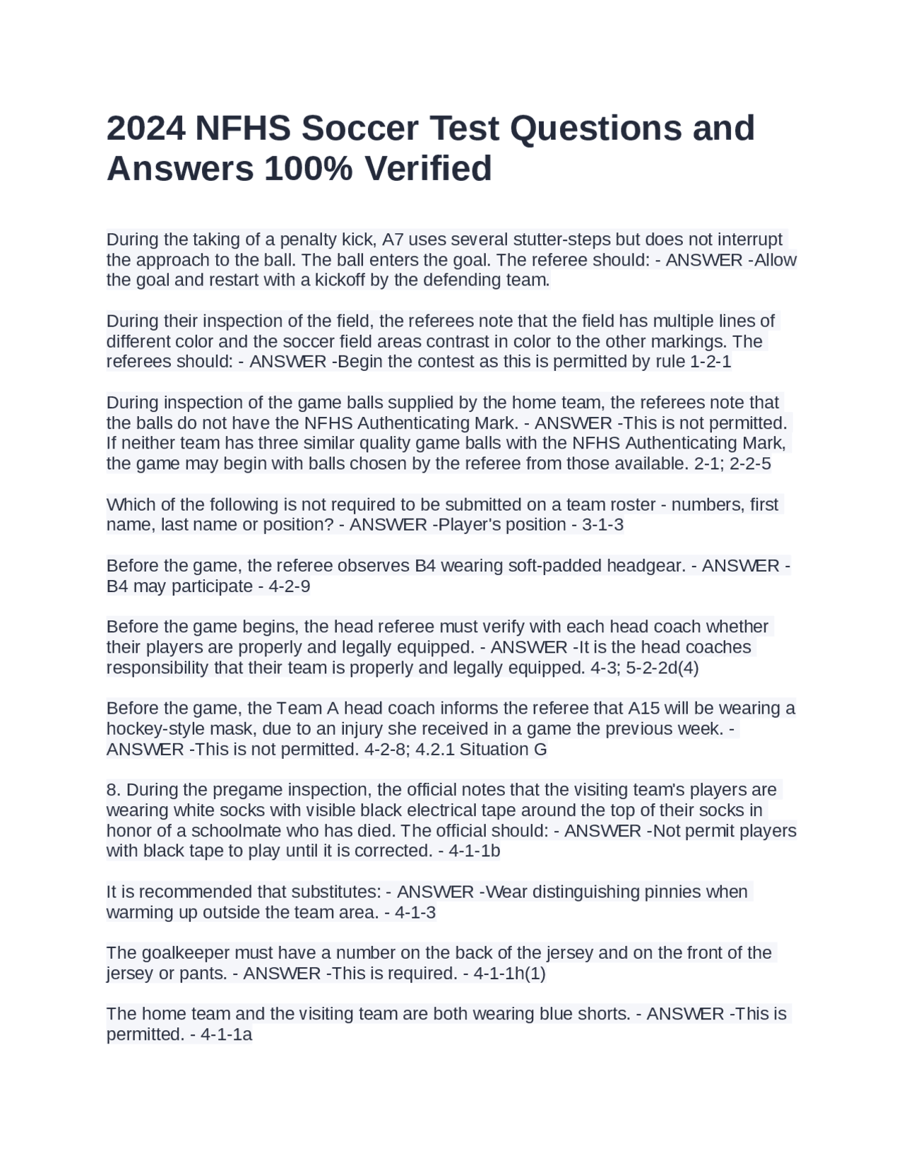 2024 NFHS Soccer Test Questions and Answers 100% Verified | Exams ...