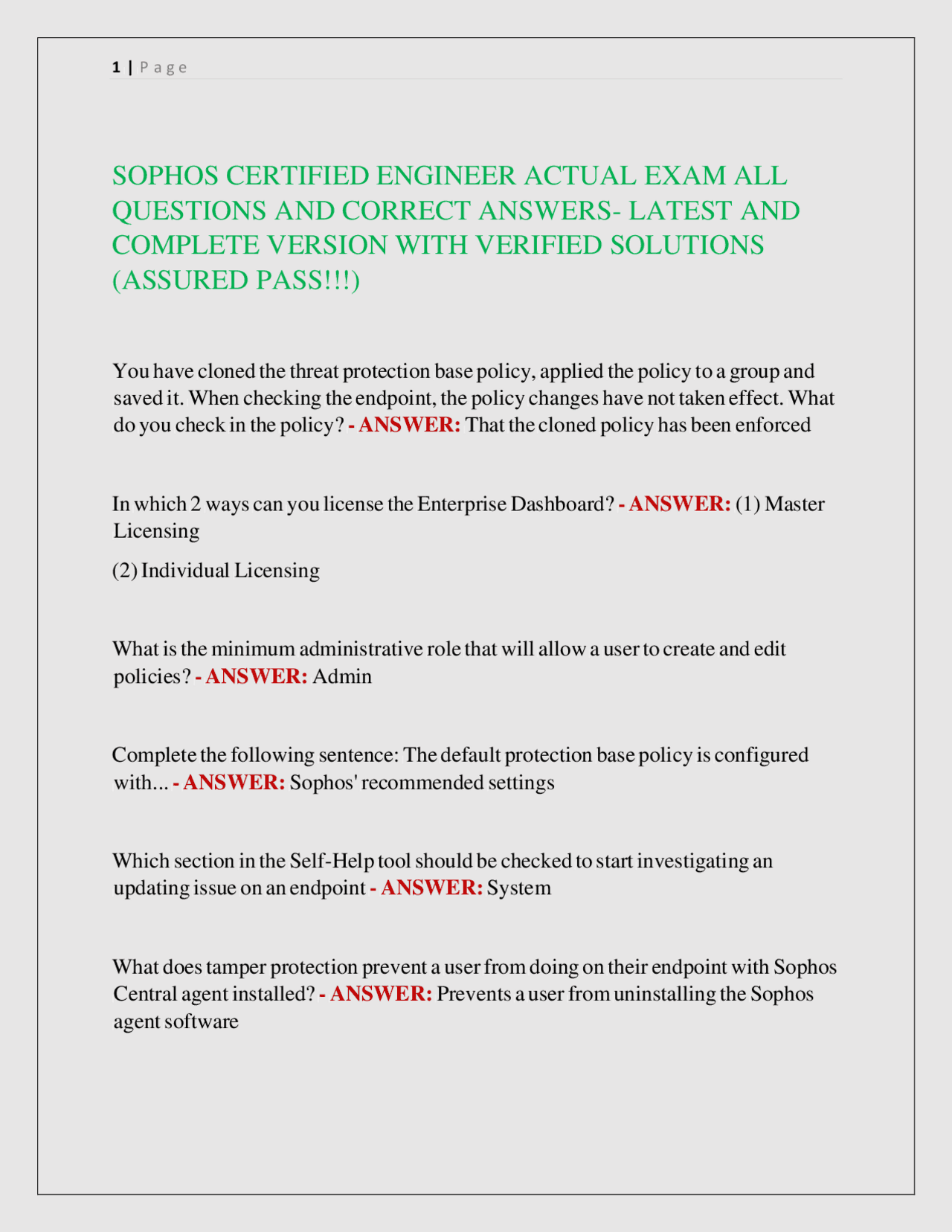 SOPHOS CERTIFIED ENGINEER ACTUAL EXAM ALL QUESTIONS AND CORRECT ANSWERS ...