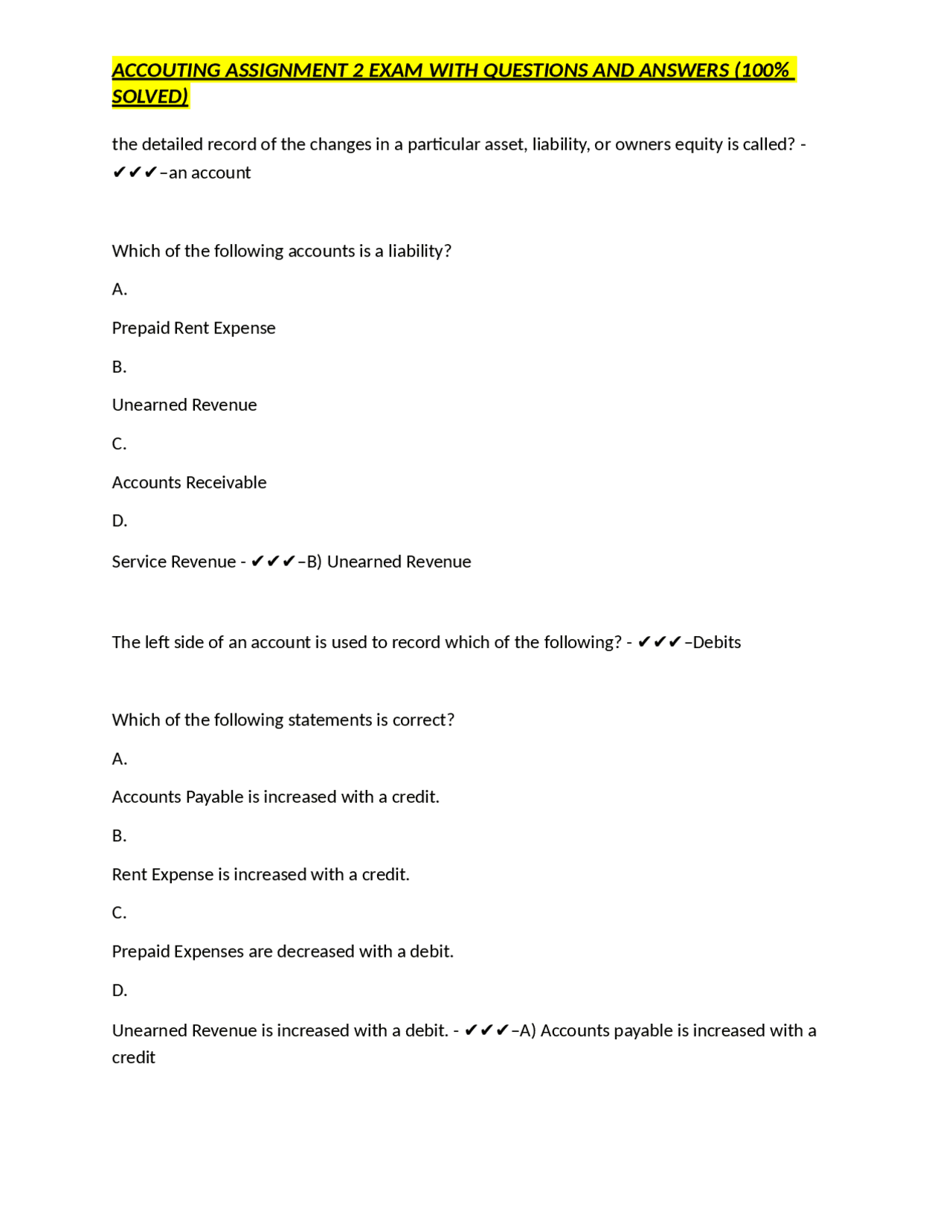 ACCOUTING ASSIGNMENT 2 EXAM WITH QUESTIONS AND ANSWERS | Exams ...