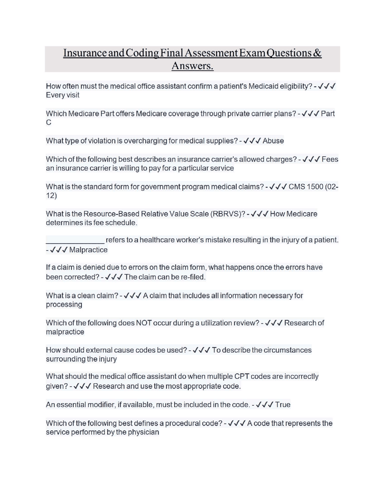 Insurance and Coding Final Assessment Exam Questions & Answers. | Exams ...