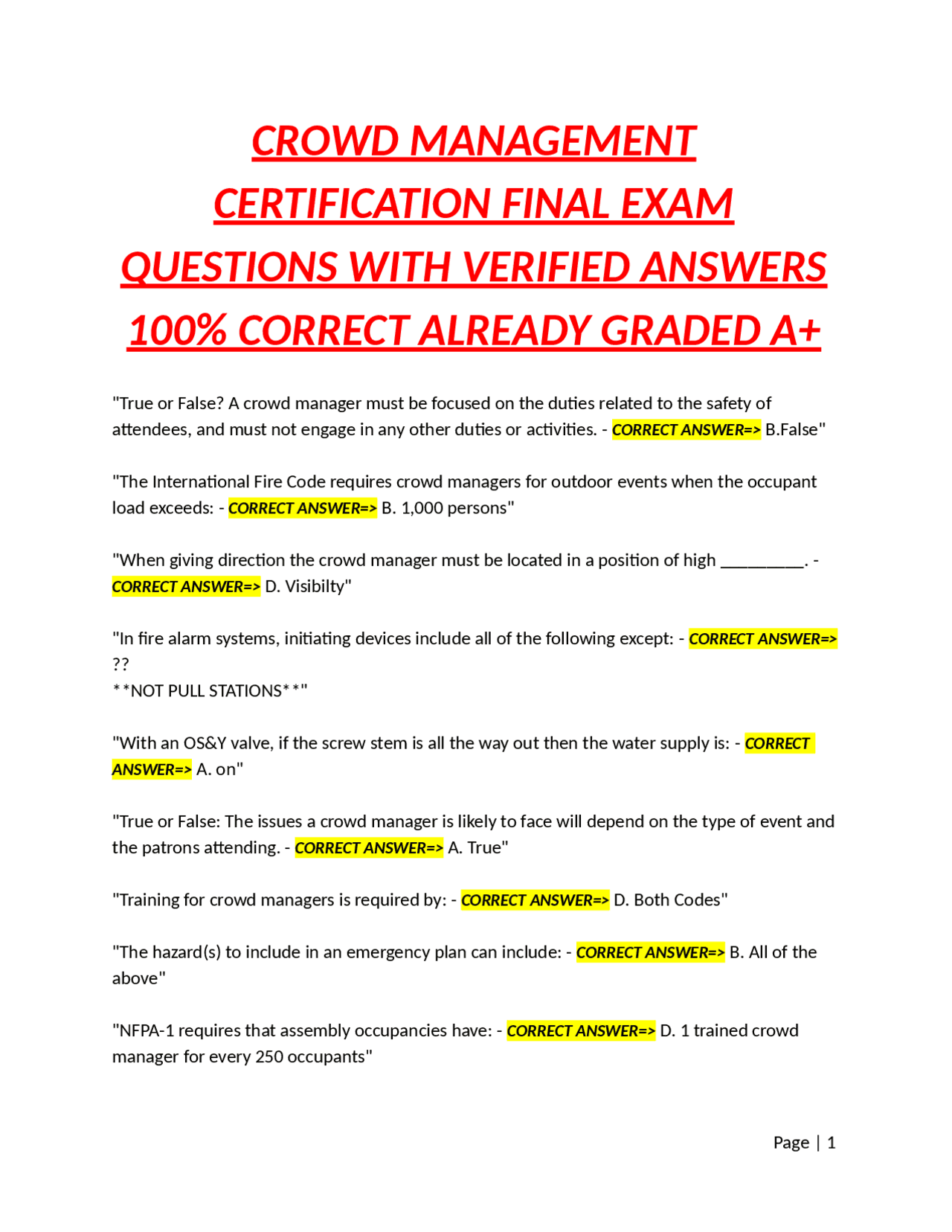 CROWD MANAGEMENT CERTIFICATION FINAL EXAM QUESTIONS WITH VERIFIED ...