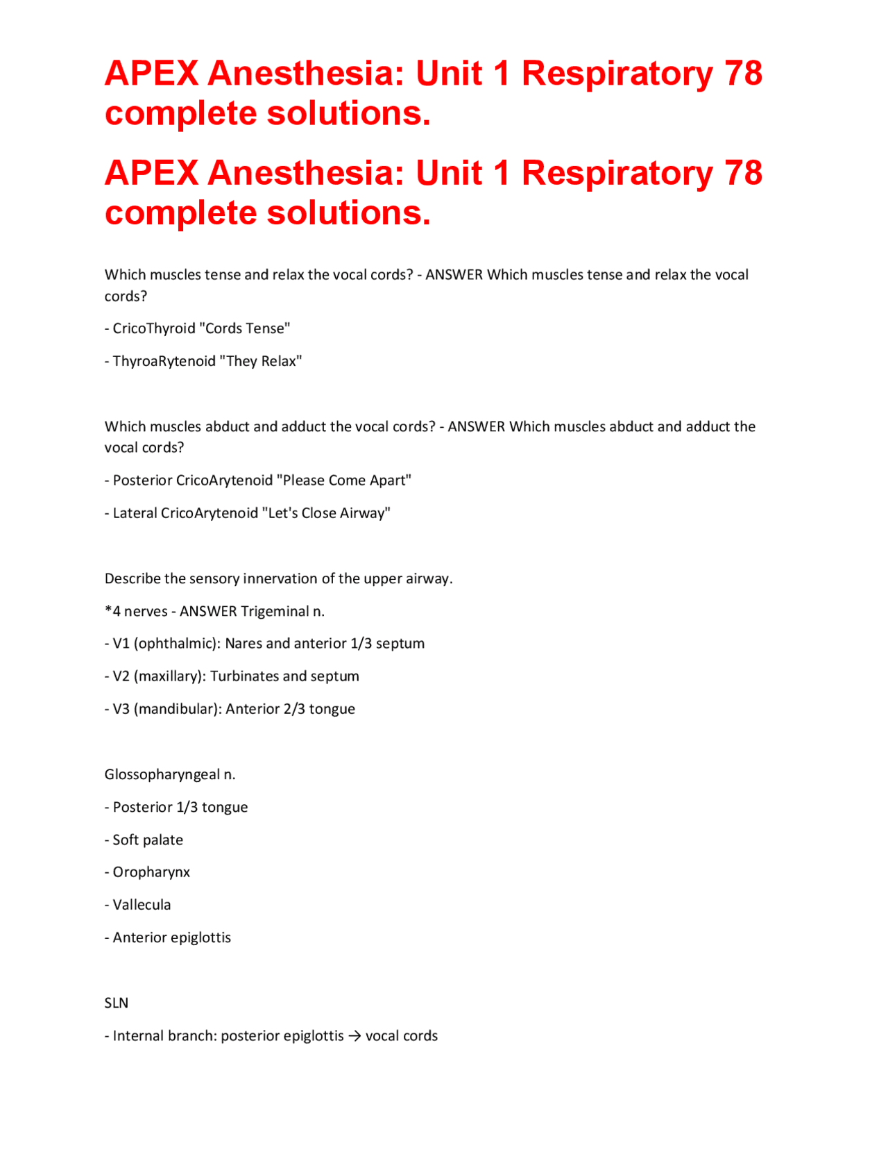APEX Anesthesia: Unit 1 Respiratory 78 complete solutions. | Exams ...