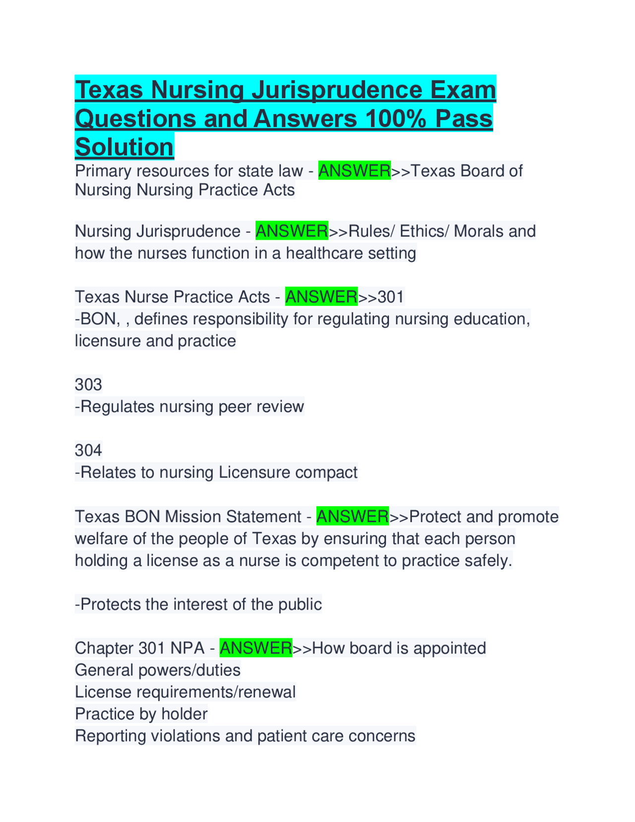 Texas Nursing Jurisprudence Exam Questions and Answers 100% Pass ...
