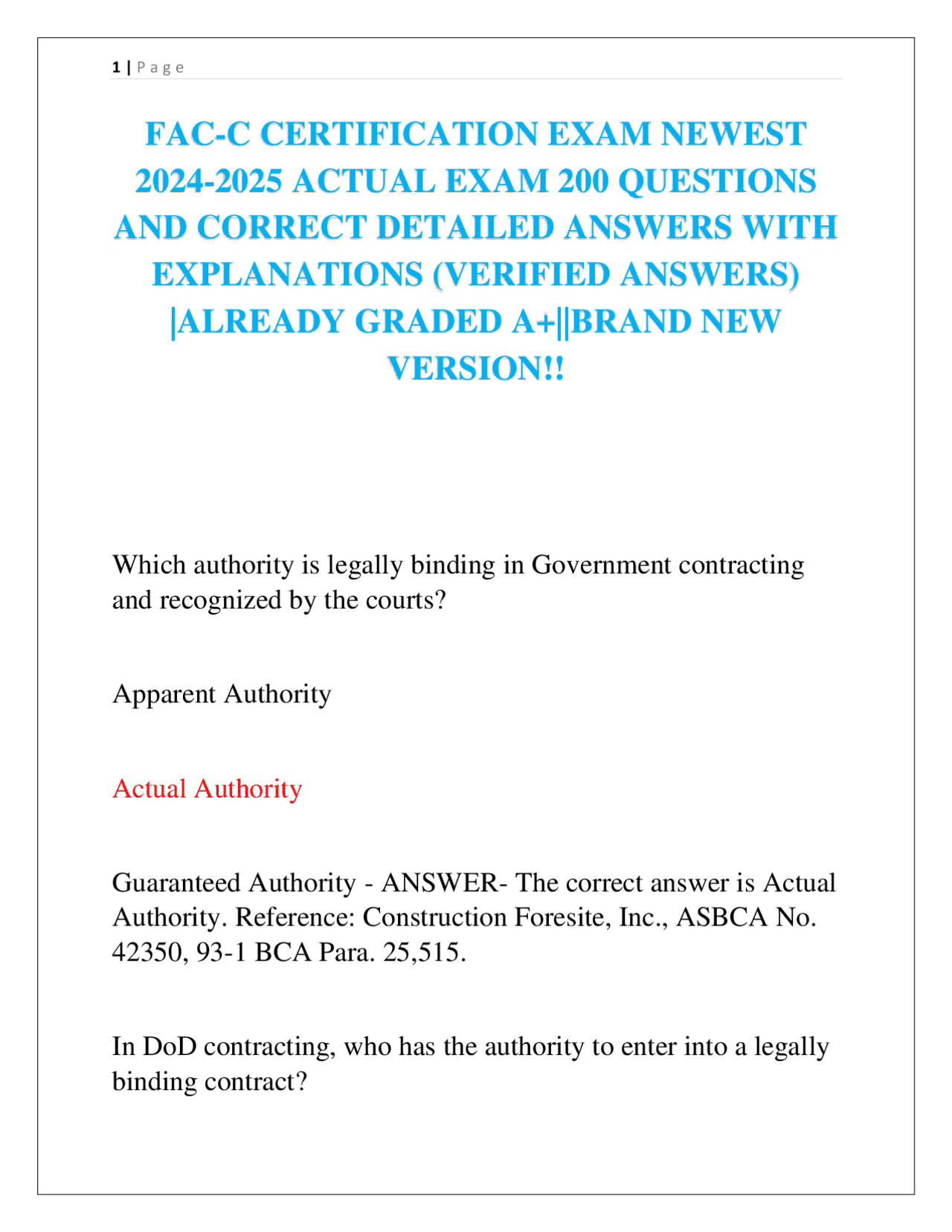 FAC-C CERTIFICATION EXAM NEWEST 2024-2025 ACTUAL EXAM 200 QUESTIONS AND CORRECT DETAILED | Exams ...